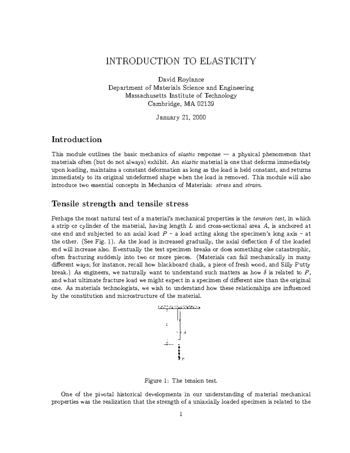 Elasticity Book - INTRODUCTION TO ELASTICITY David Roylance Department ...
