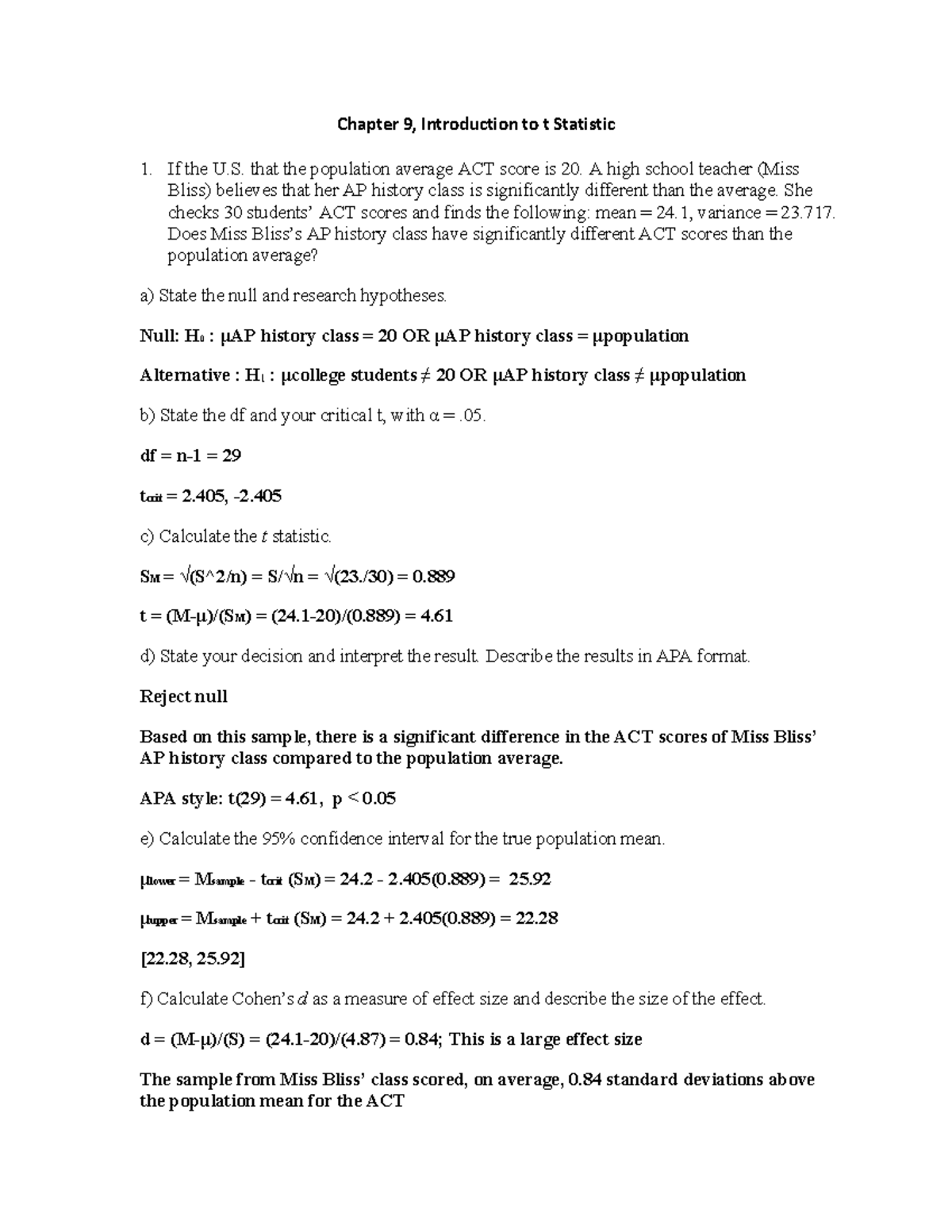 Chapter 9 practice - Chapter 9, Introduction to t Statistic If the U. that the population ...