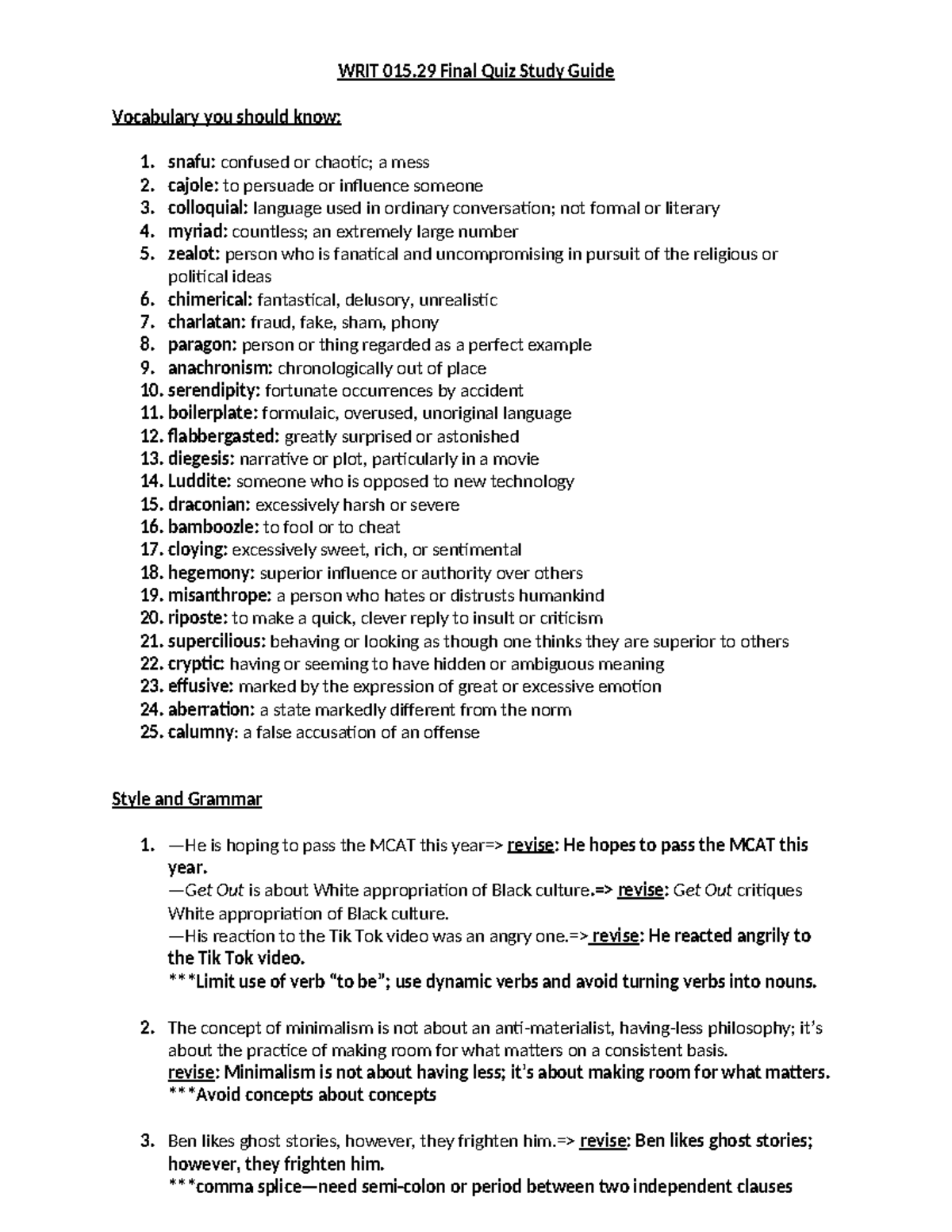 WRIT 015 Final Vocab and Style Quiz study guide - WRIT 015 Final Quiz ...