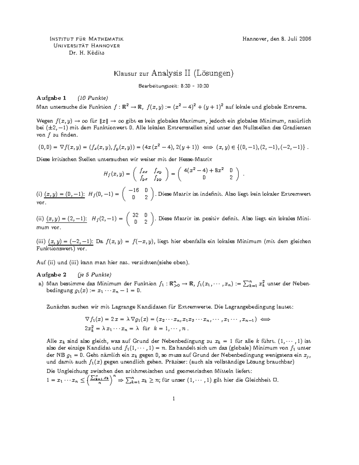 Analysis II sose-2006 loesung - Institut f ̈ur Mathematik Universit ̈at Hannover Dr. H. K ̈oditz ...