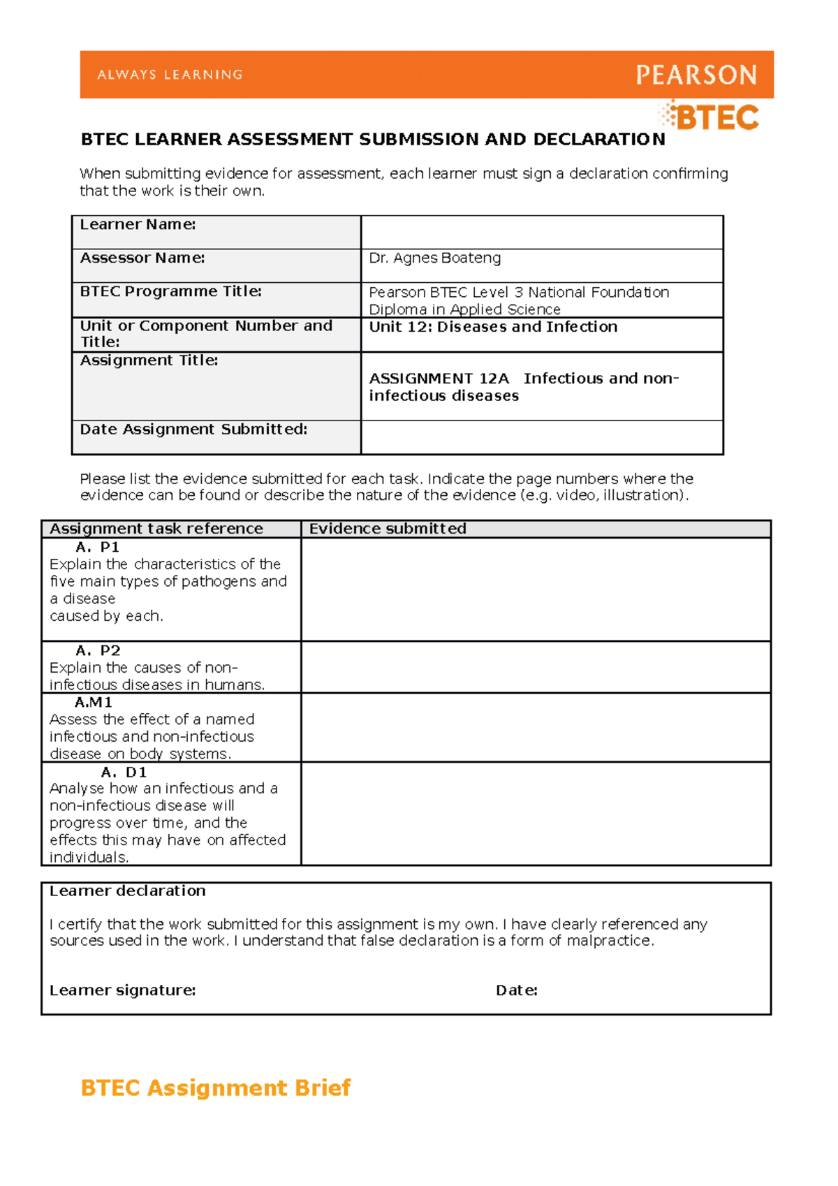 UNIT 12 A Level 3 WITH Declaration Sheet TO Learners - BTEC LEARNER ASSESSMENT SUBMISSION AND ...