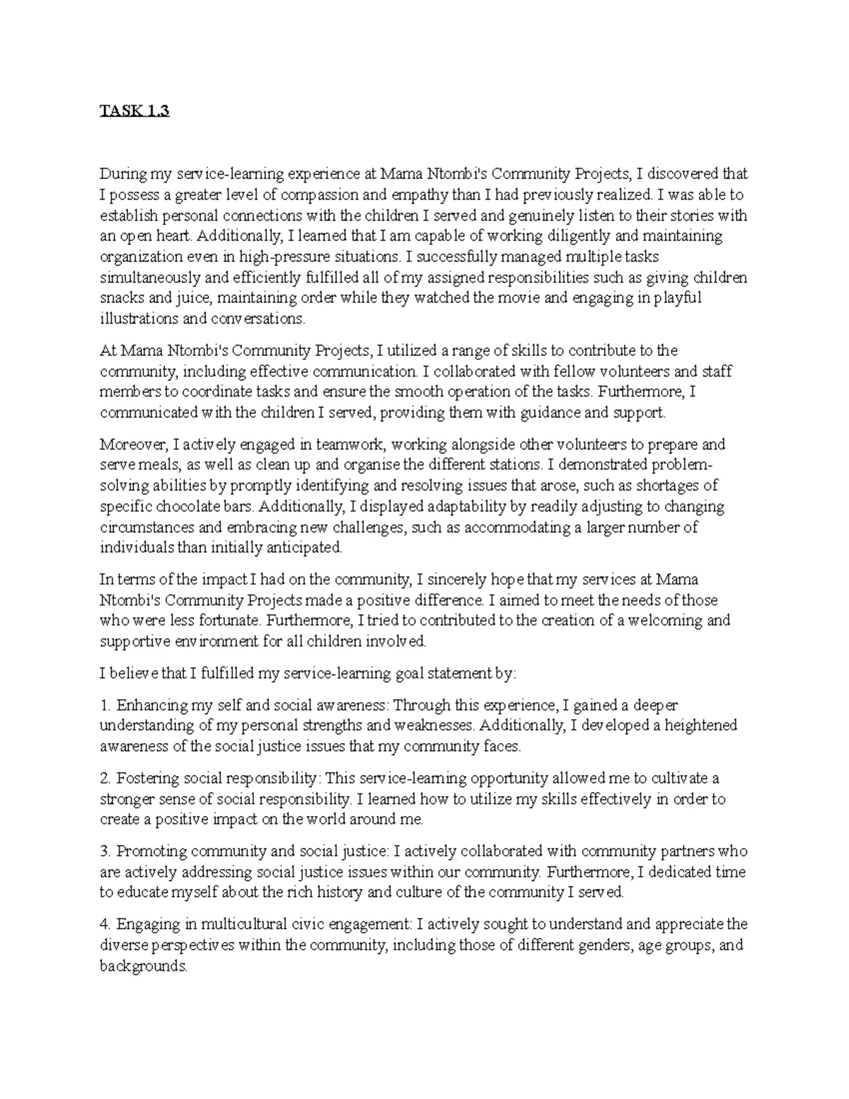 Service-learning Reflection - TASK 1. During my service-learning ...