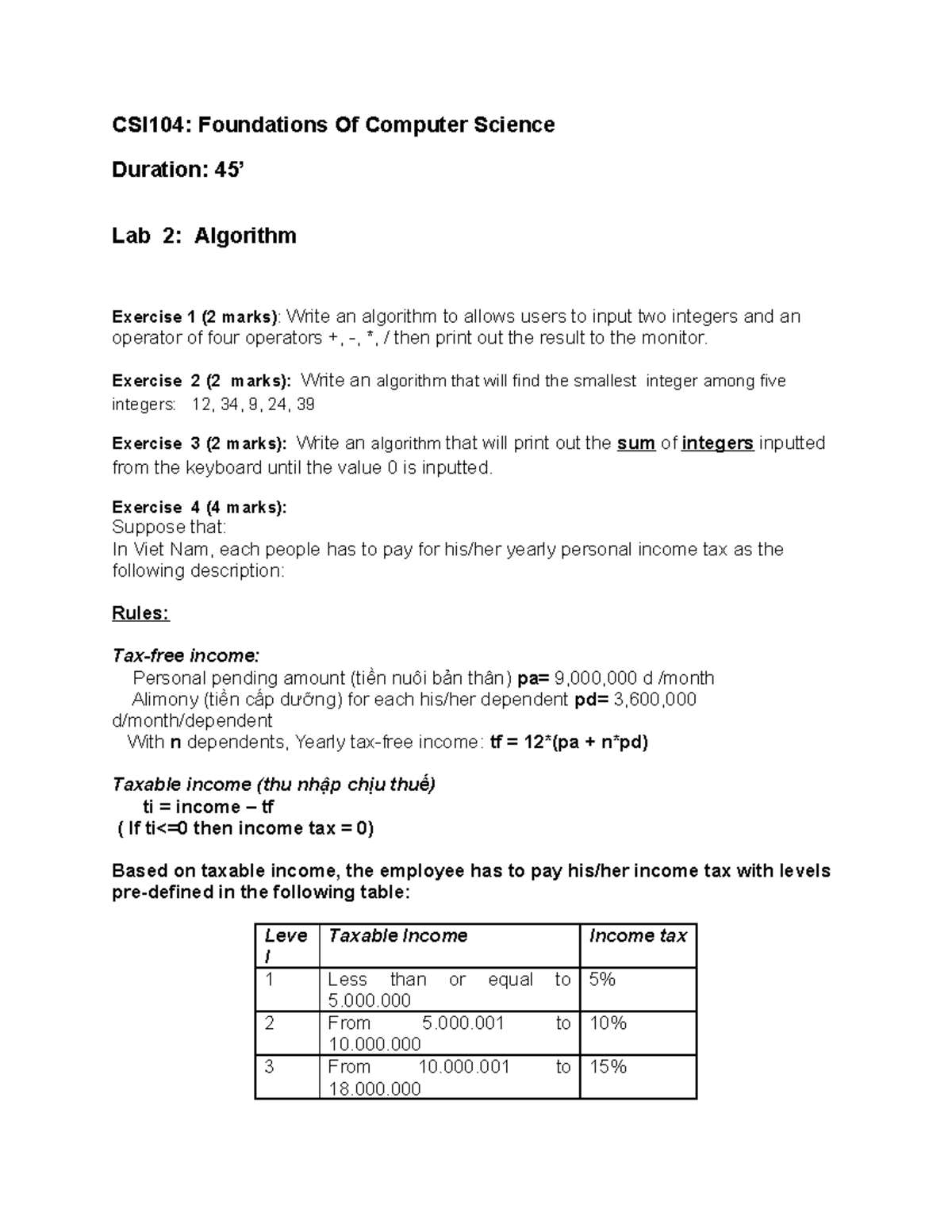 Lab 02 tt - àdsafdsafdsa - CSI104: Foundations Of Computer Science Duration: 45’ Lab 2 ...