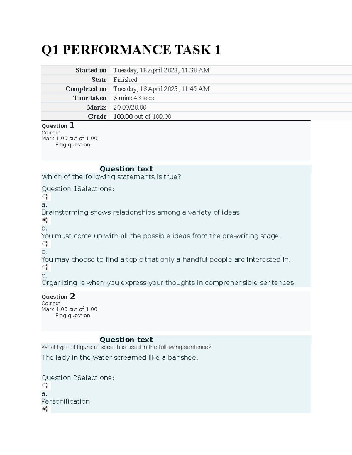 Q1 Performance TASK 1 - Perfect to pasalamat kau - Q1 PERFORMANCE TASK 1 Started on Tuesday, 18 ...
