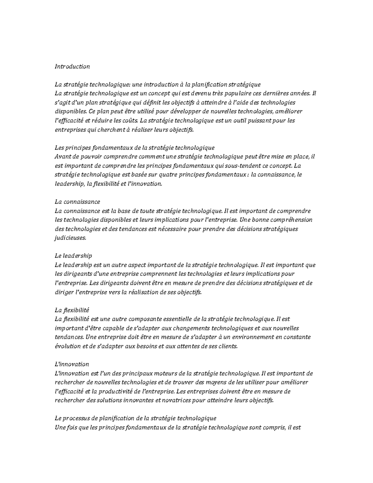 Technology Strategy note study - Introduction La stratégie ...