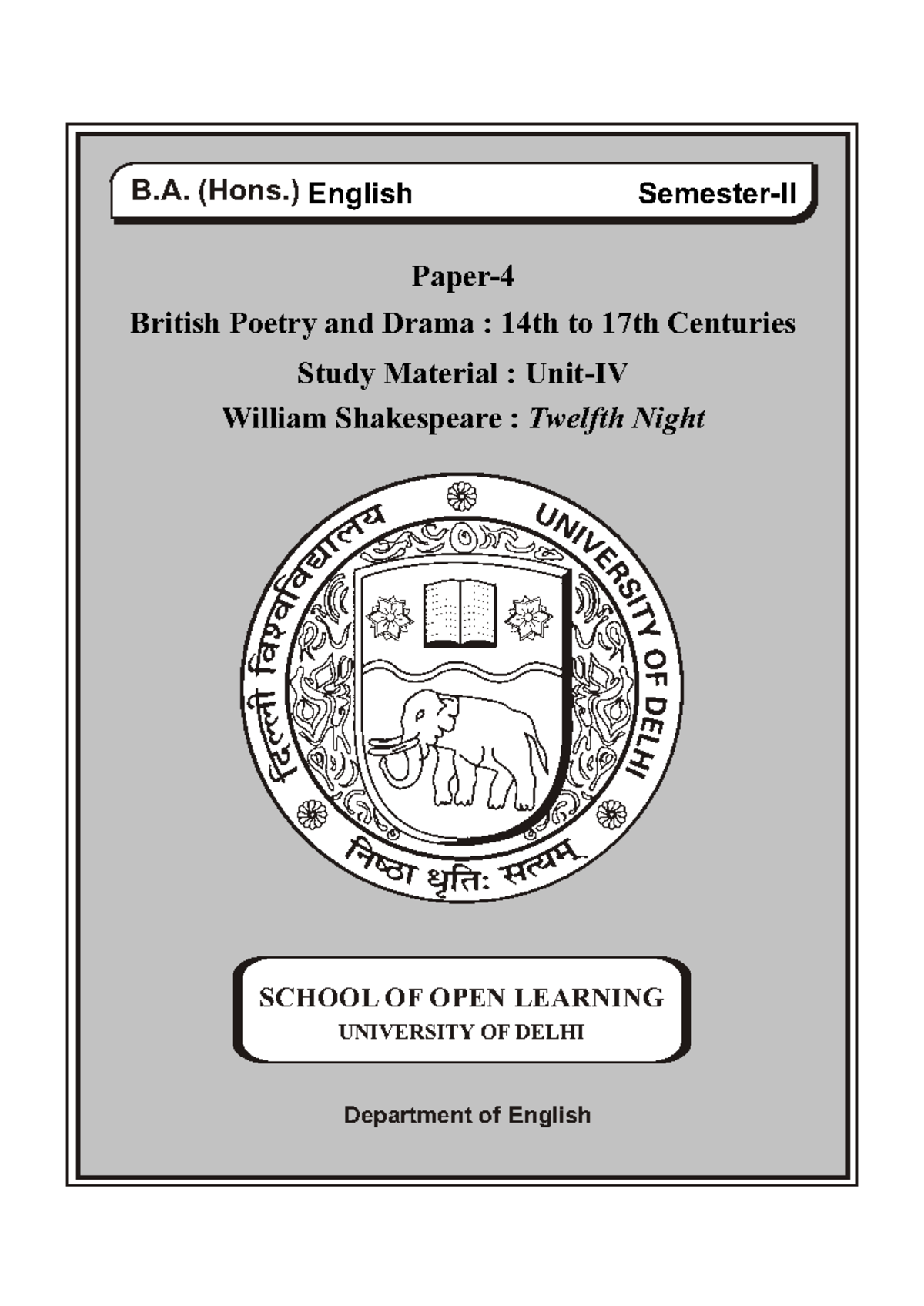 12th Night British Poetry and Drama: 14th to 17th Centuries - B. (Hons ...