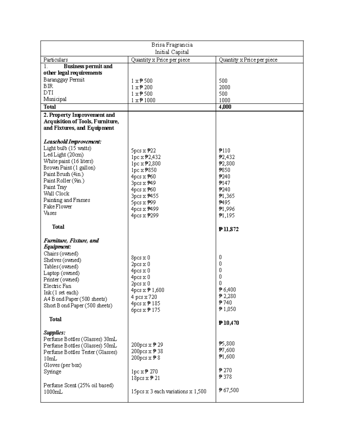 Entrep- Initial- Capital - Brisa Fragrancia Initial Capital Particulars ...
