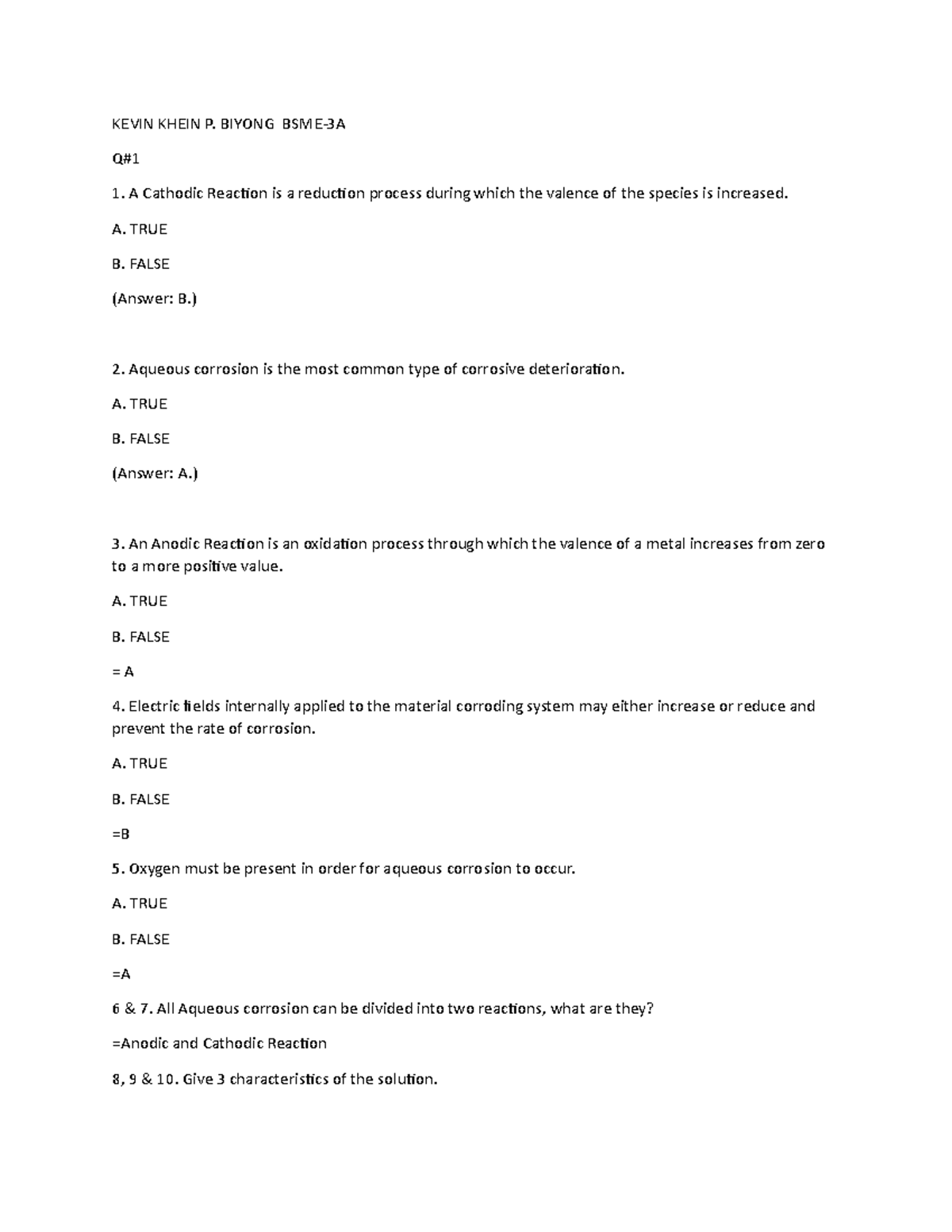 18 problem set of school - KEVIN KHEIN P. BIYONG BSME-3A Q# A Cathodic ...
