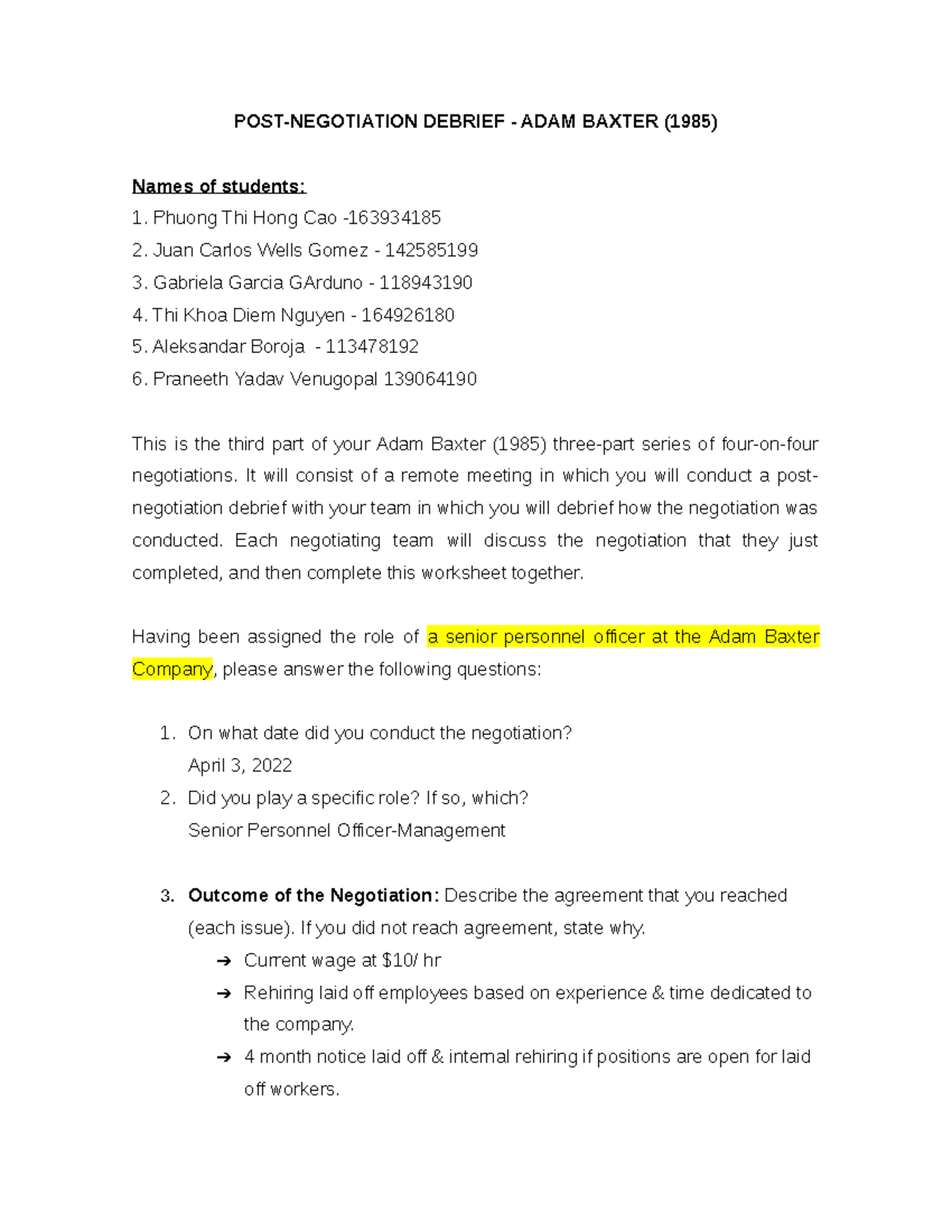 1985 post negotiation debrief form adam baxter company docx - POST ...