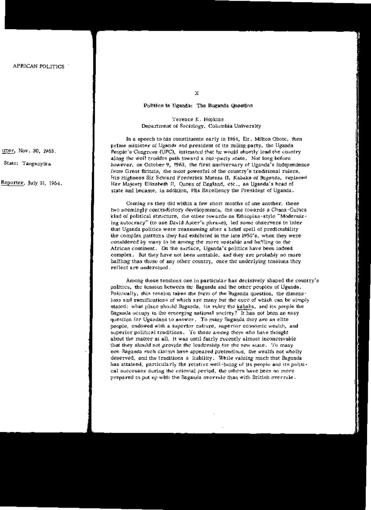 Buganda Question - Notes - >rter, Nov. 30, 1963. State: Tanganyika ...
