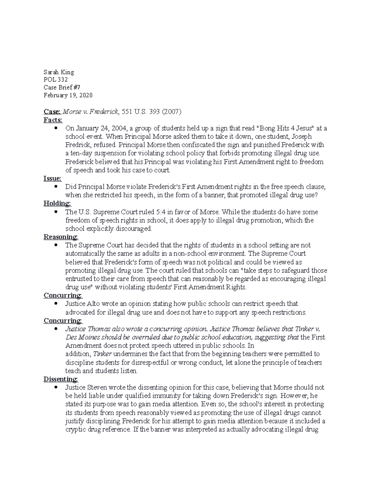 Morse v. Frederick Case Brief - Studocu