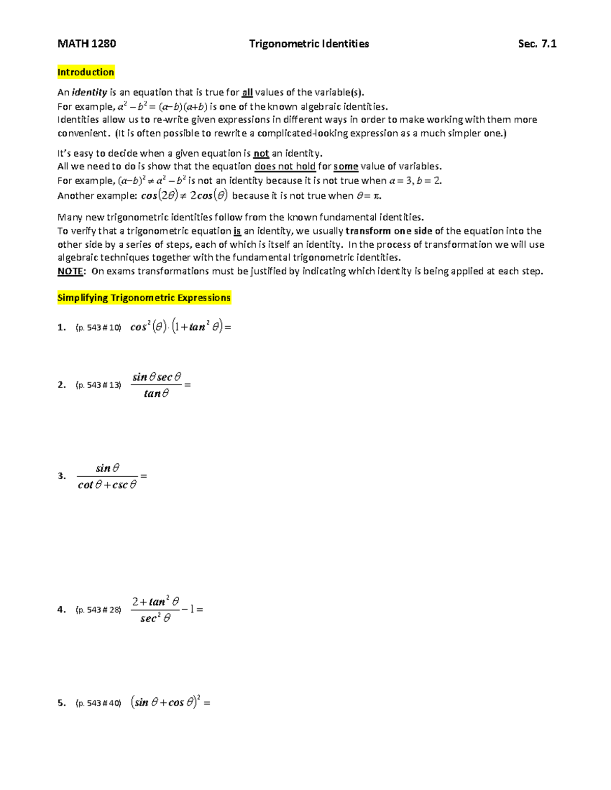 Notes - Sec. 7.1 (Trig Identities) - MATH 1280 Trigonometric Identities ...