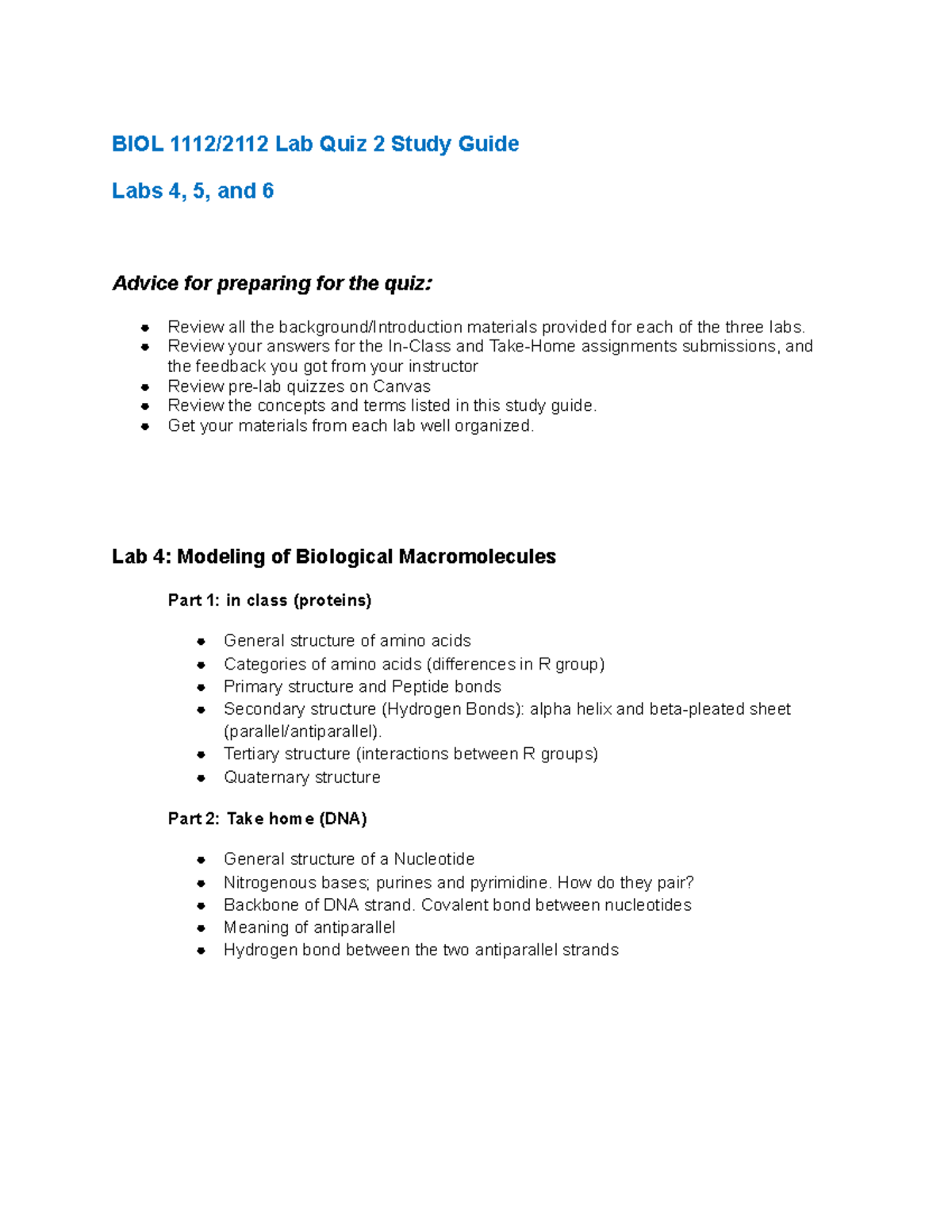Lab Quiz 2 Study Guide - BIOL 1112/2112 Lab Quiz 2 Study Guide Labs 4 ...