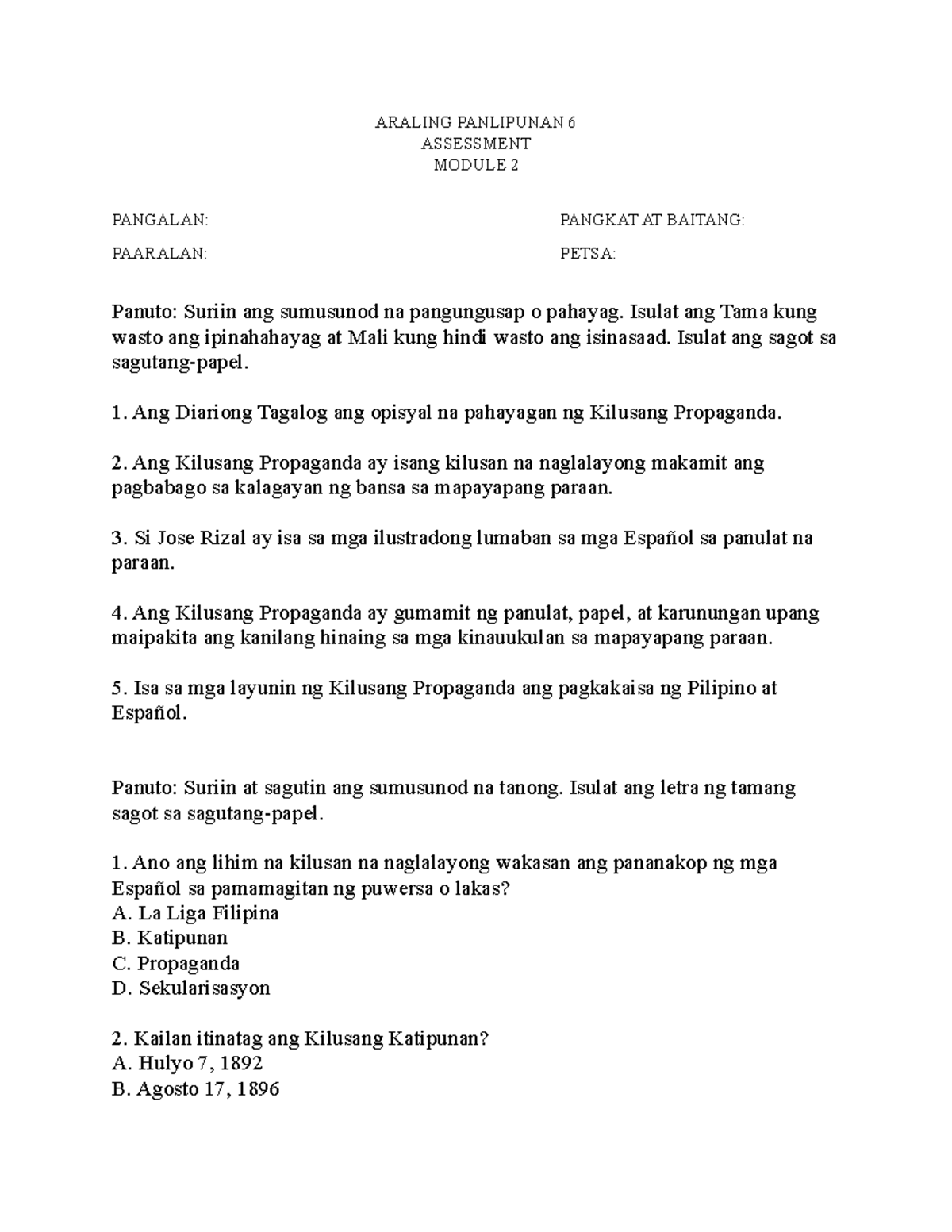 Araling Panlipunan 6 Module 2 - ARALING PANLIPUNAN 6 ASSESSMENT MODULE ...