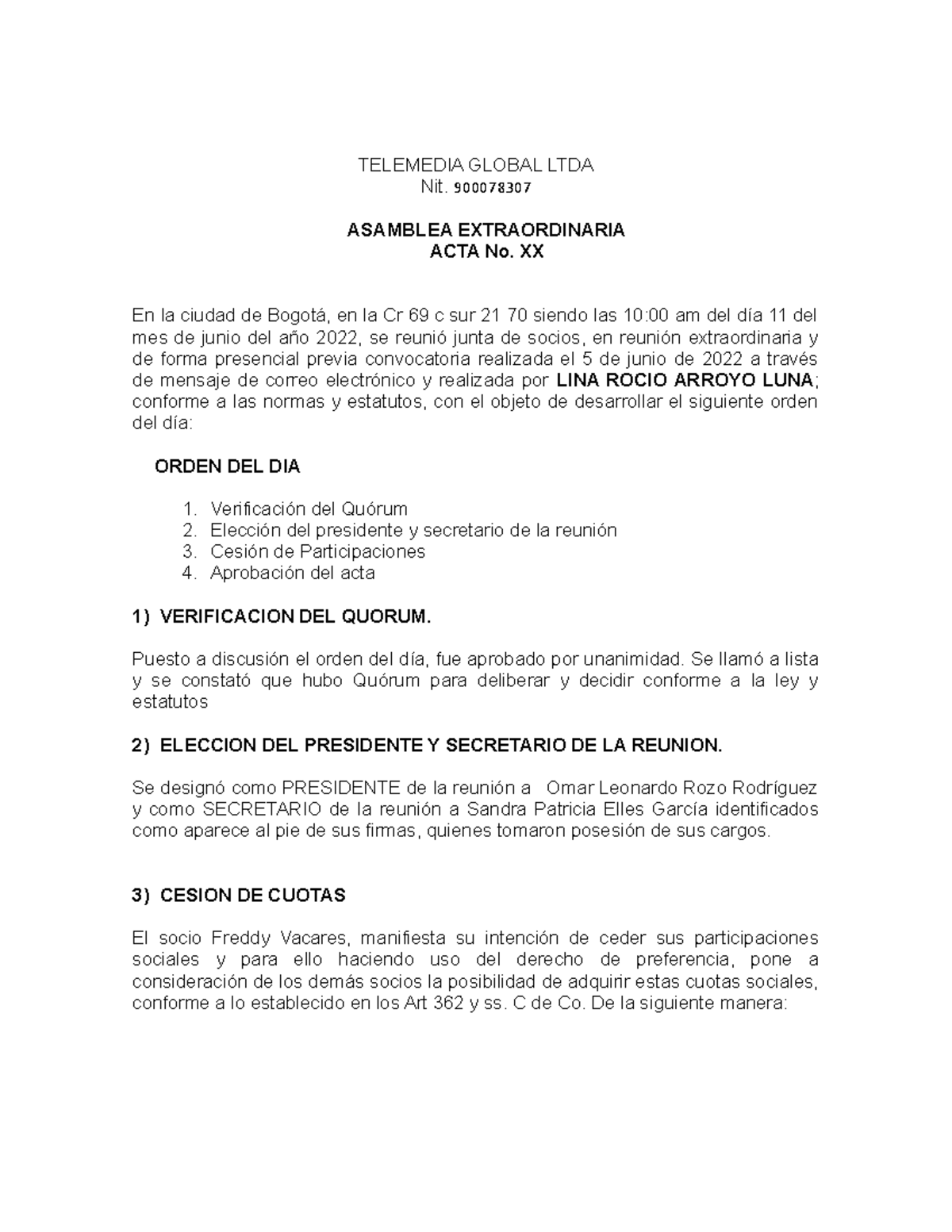 Acta venta de acciones - apunte s clase - TELEMEDIA GLOBAL LTDA Nit ...