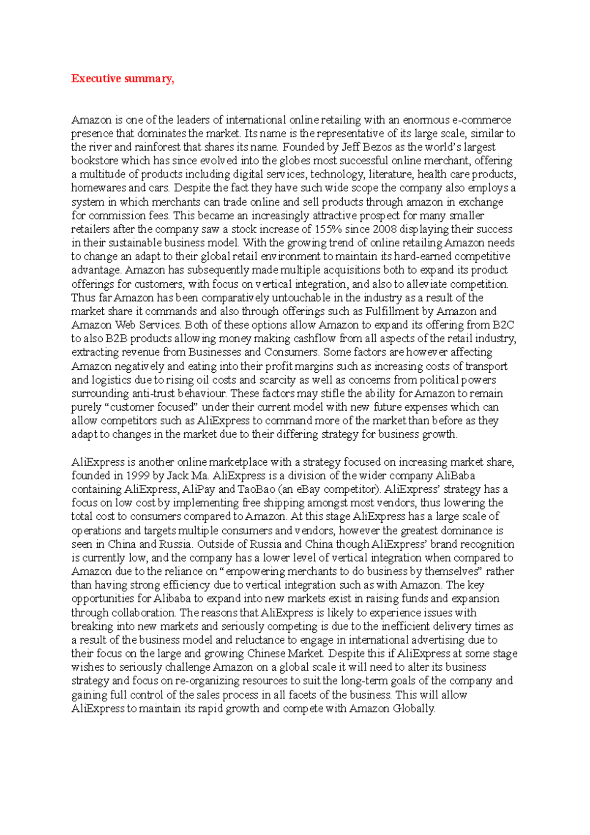 MGNT314 Final Report - Executive summary, Amazon is one of the leaders ...