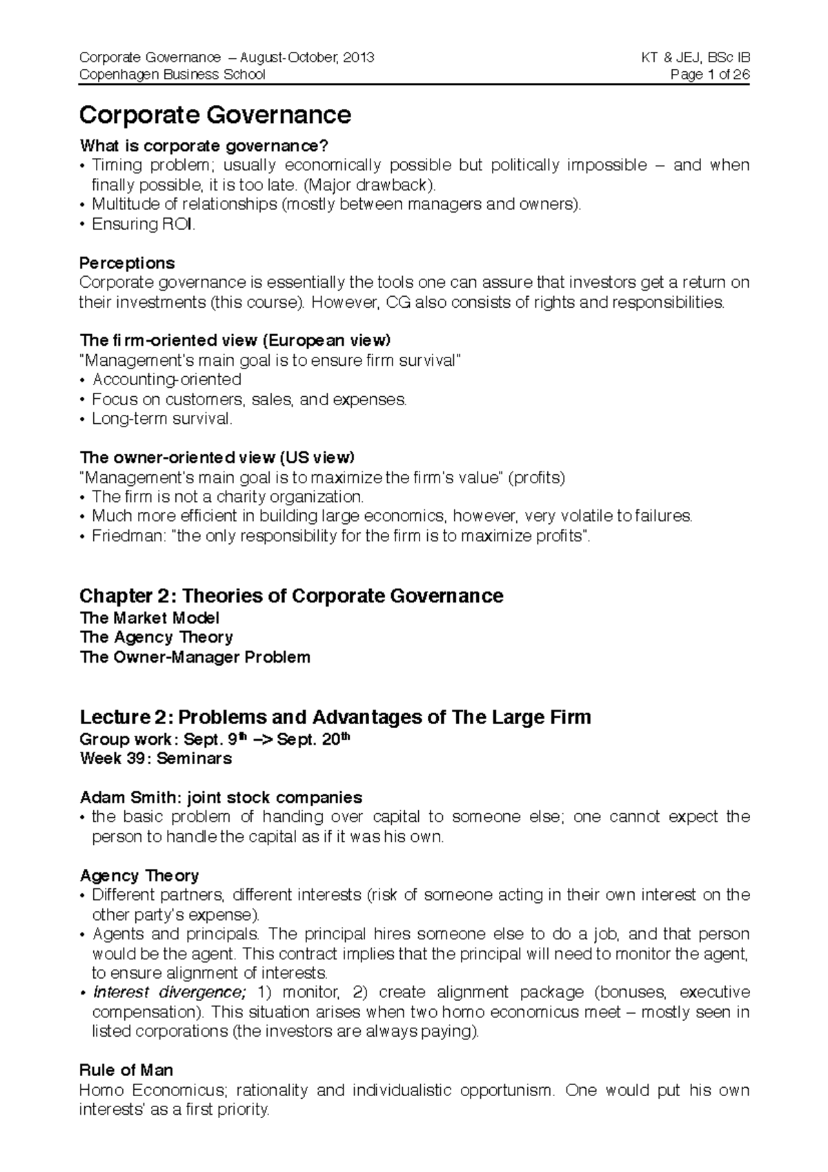 Lecture notes, lectures 1- 12 - Corporate Governance 2013 Copenhagen ...
