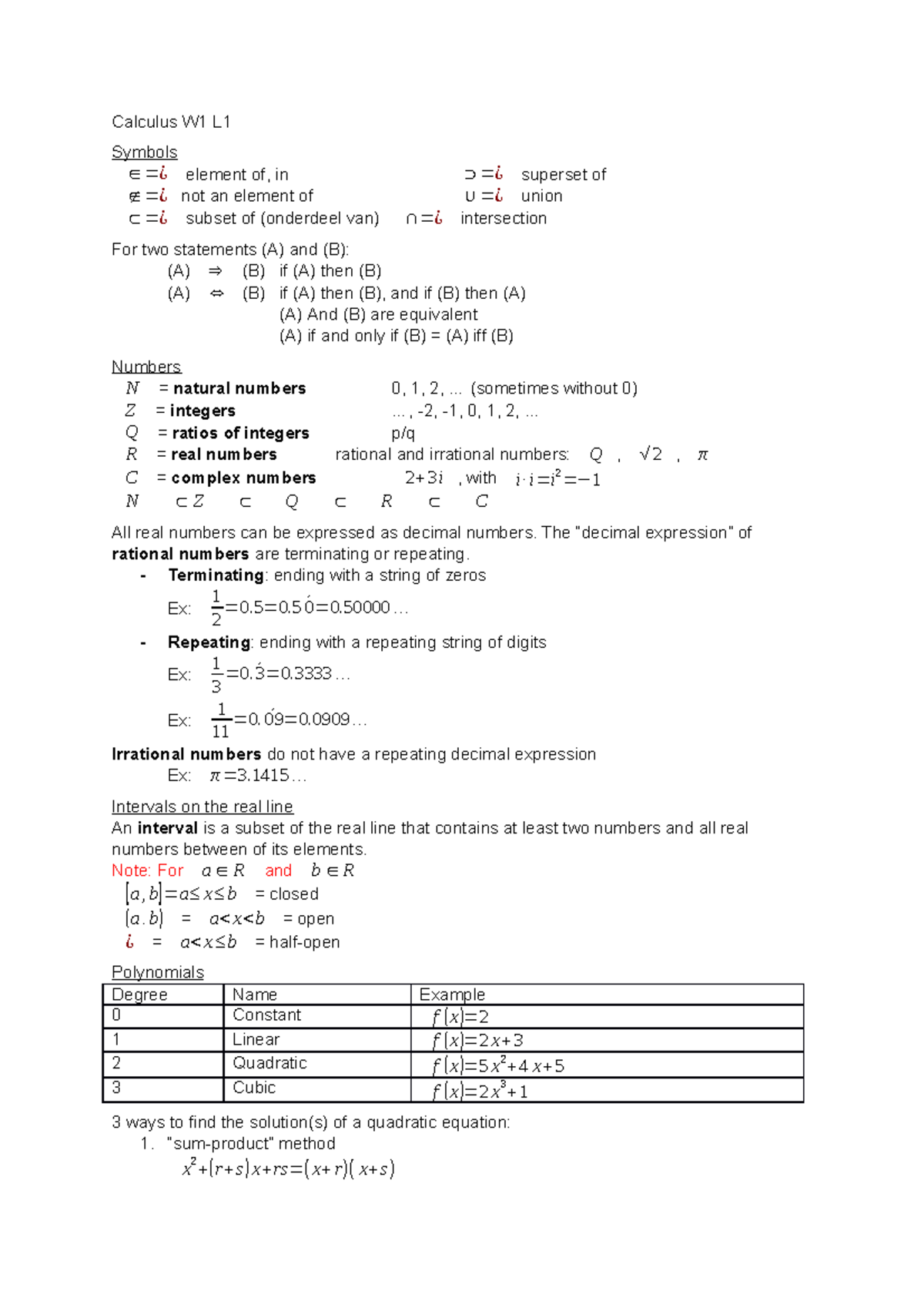 Calculus start lecture - Calculus W1 L Symbols ∈=¿ element of, in ⊃ ...