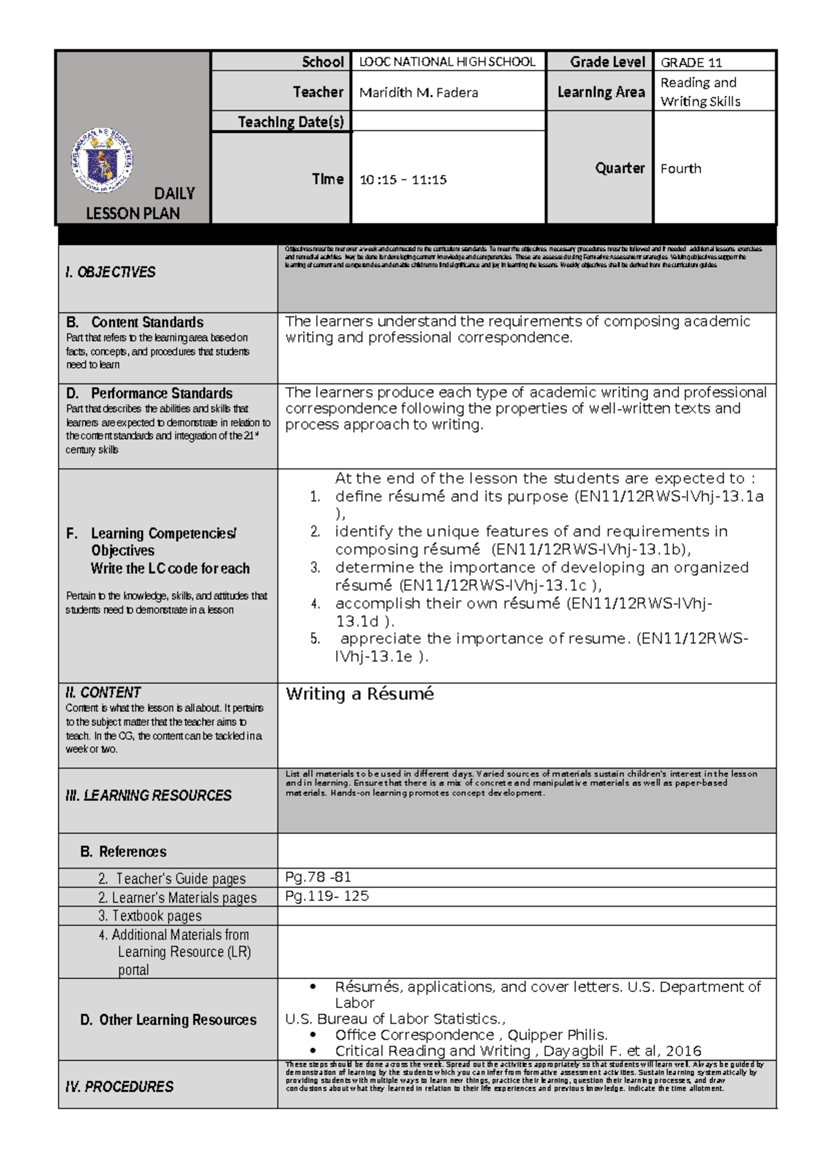 DLP Reading - SAMple LP - DAILY LESSON PLAN School LOOC NATIONAL HIGH ...