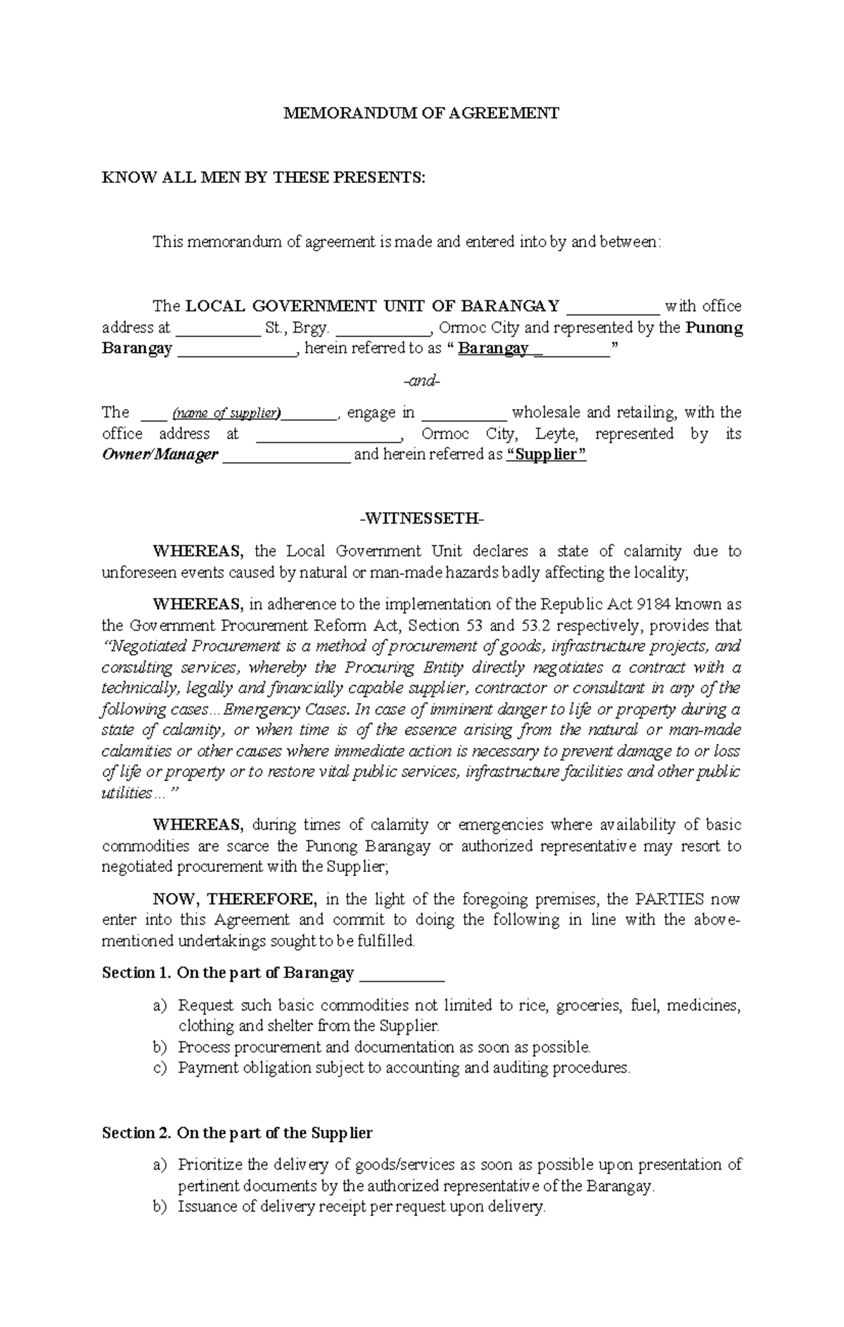 Brgy MOA with Supplier Template - MEMORANDUM OF AGREEMENT KNOW ALL MEN ...