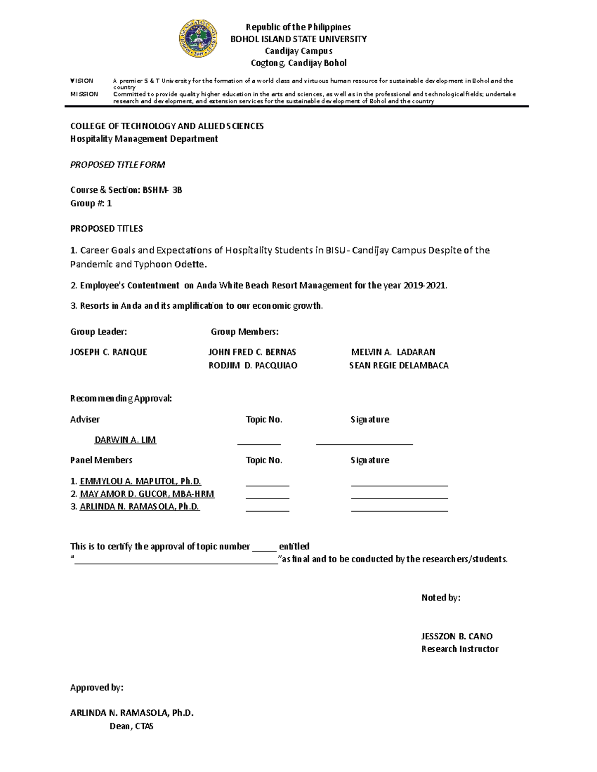 Group 1, 3B Propose Title & Questionnaire - Republic of the Philippines ...