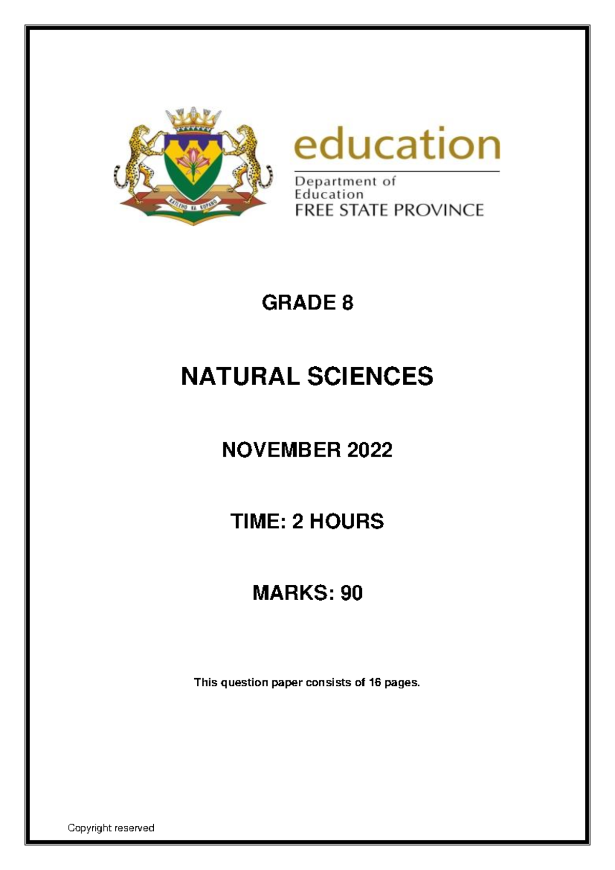 Life orientation grade 9 examination - GRADE 8 NATURAL SCIENCES ...
