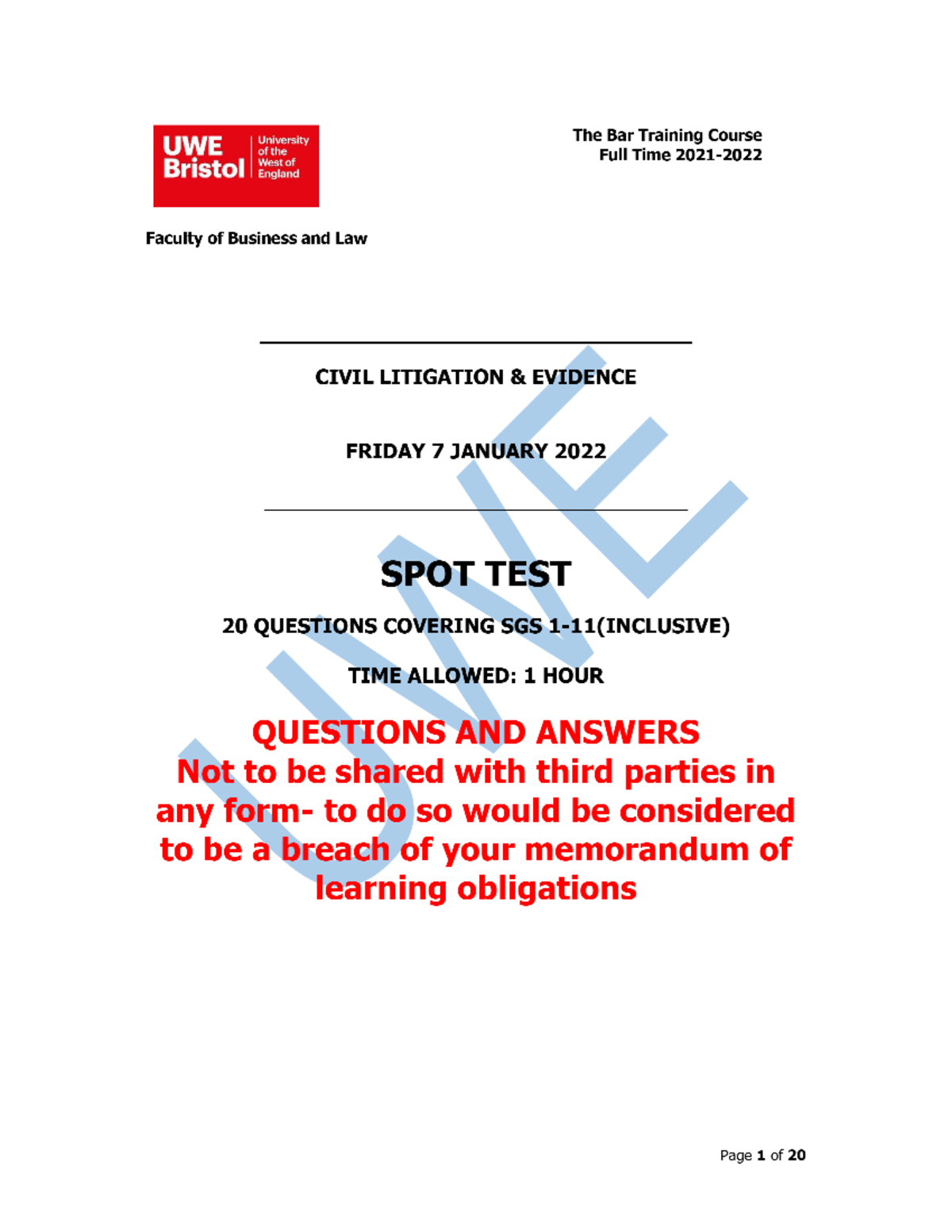 BTC Civil Lit Spot Test Paper 1 - Q AND A Jan 2022 (1) - LAWDM1004 ...