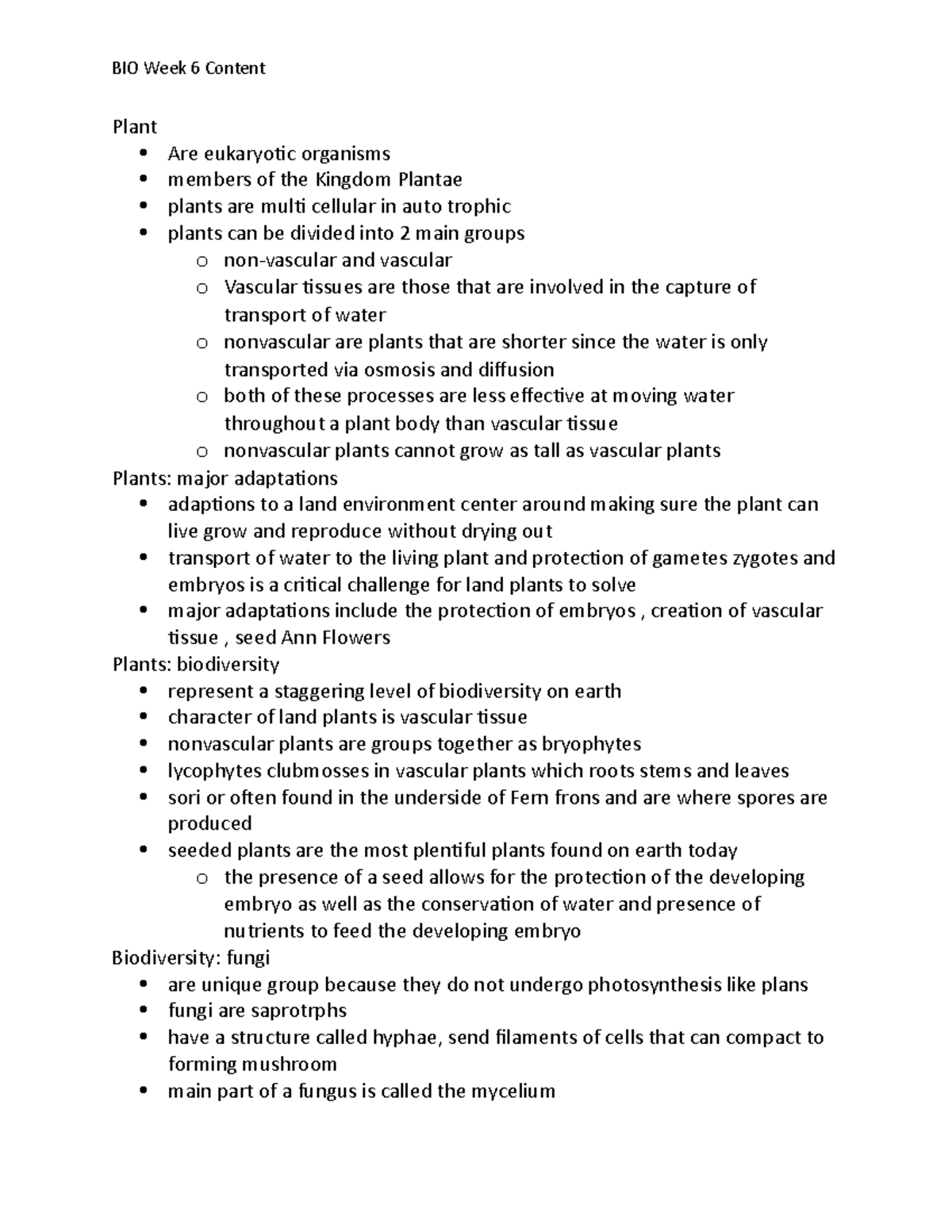Bio Week 6 Content - Notes - BIO Week 6 Content Plant Are eukaryotic ...