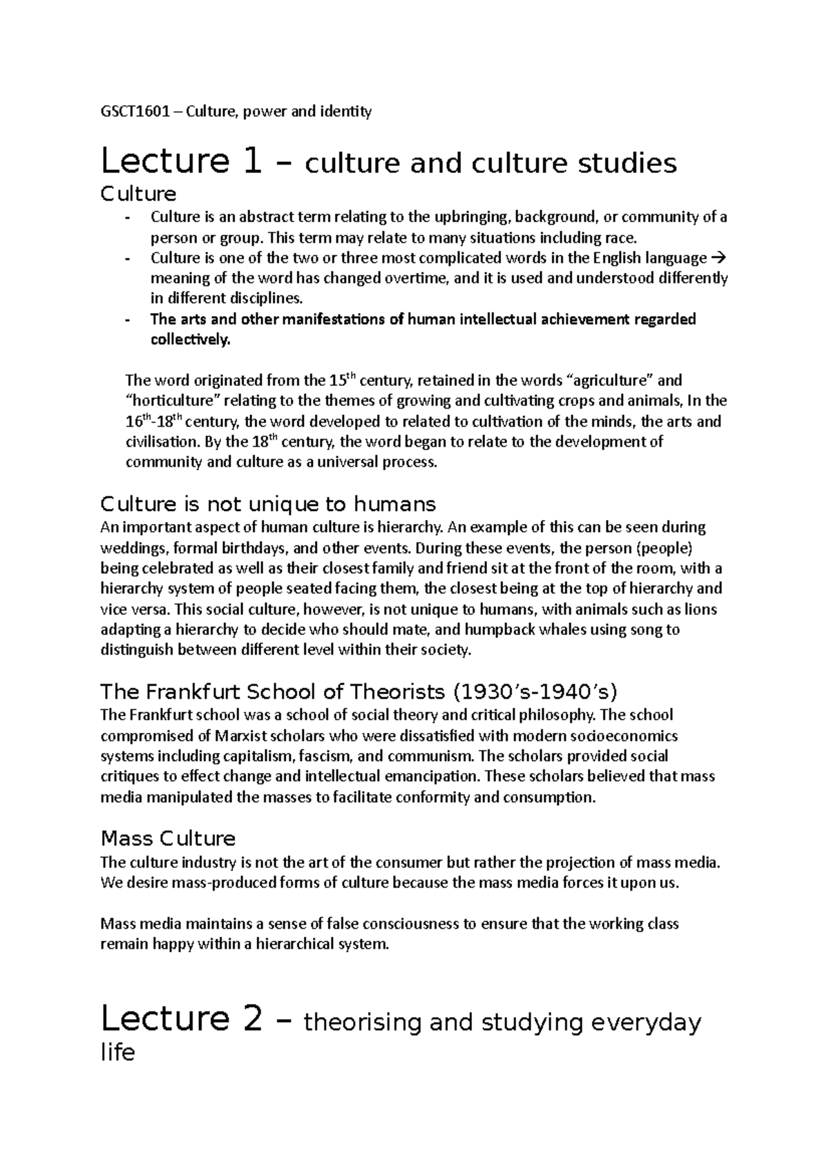 GSCT1601 - GCST - Lecture notes - GSCT1601 – Culture, power and ...