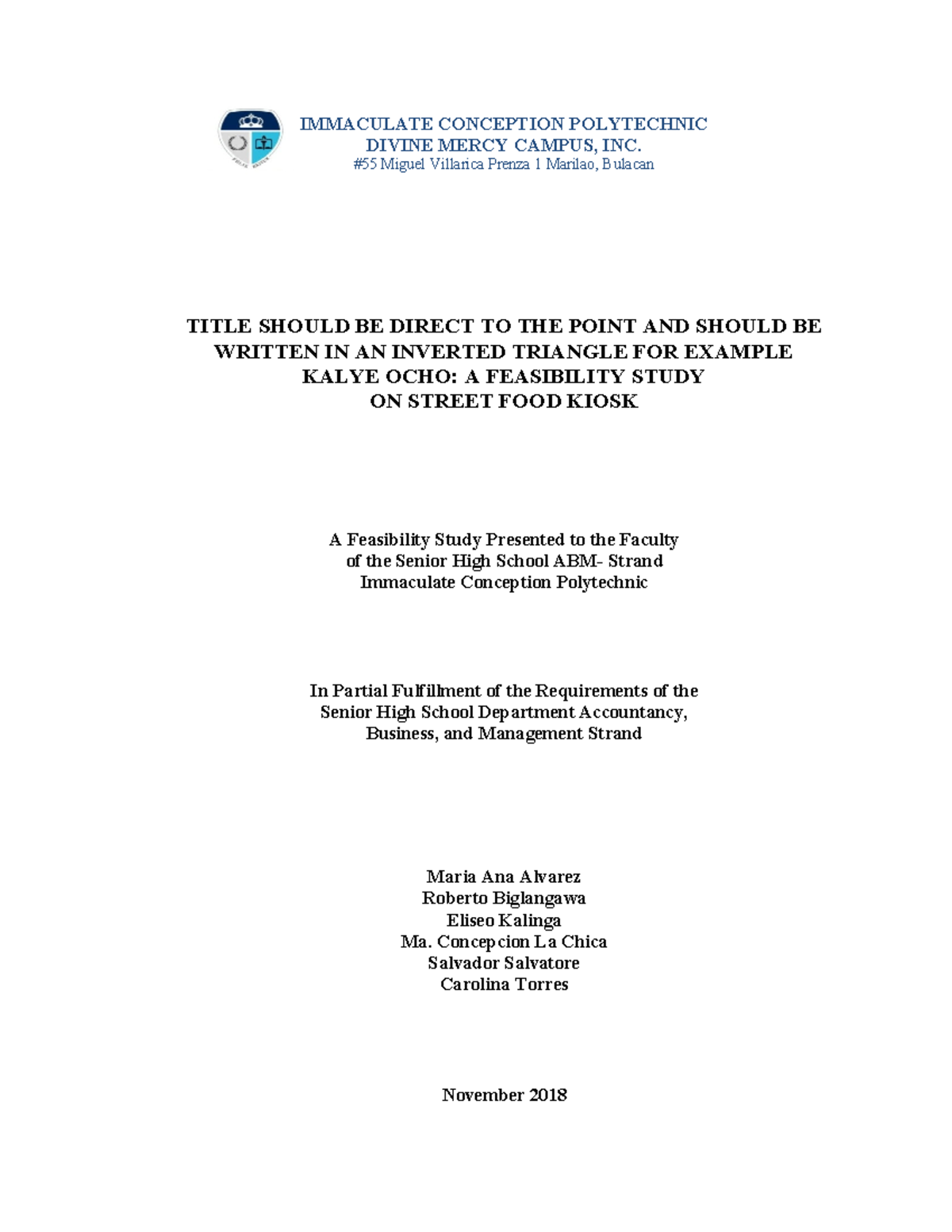 Cover Page Feasibility ABM - IMMACULATE CONCEPTION POLYTECHNIC DIVINE ...