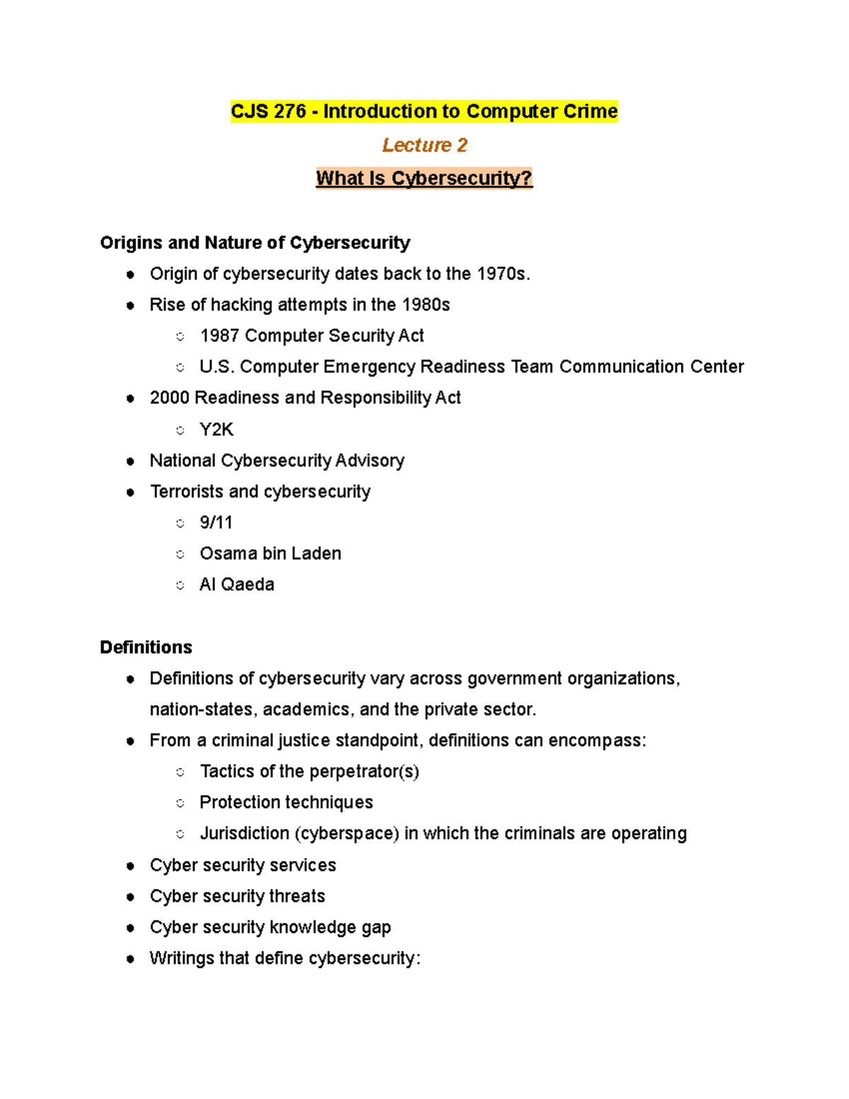 Cjs 276 Lecture 2 Spring 2020 Cjs 276 Introduction To Computer Crime Lecture 2 What Is
