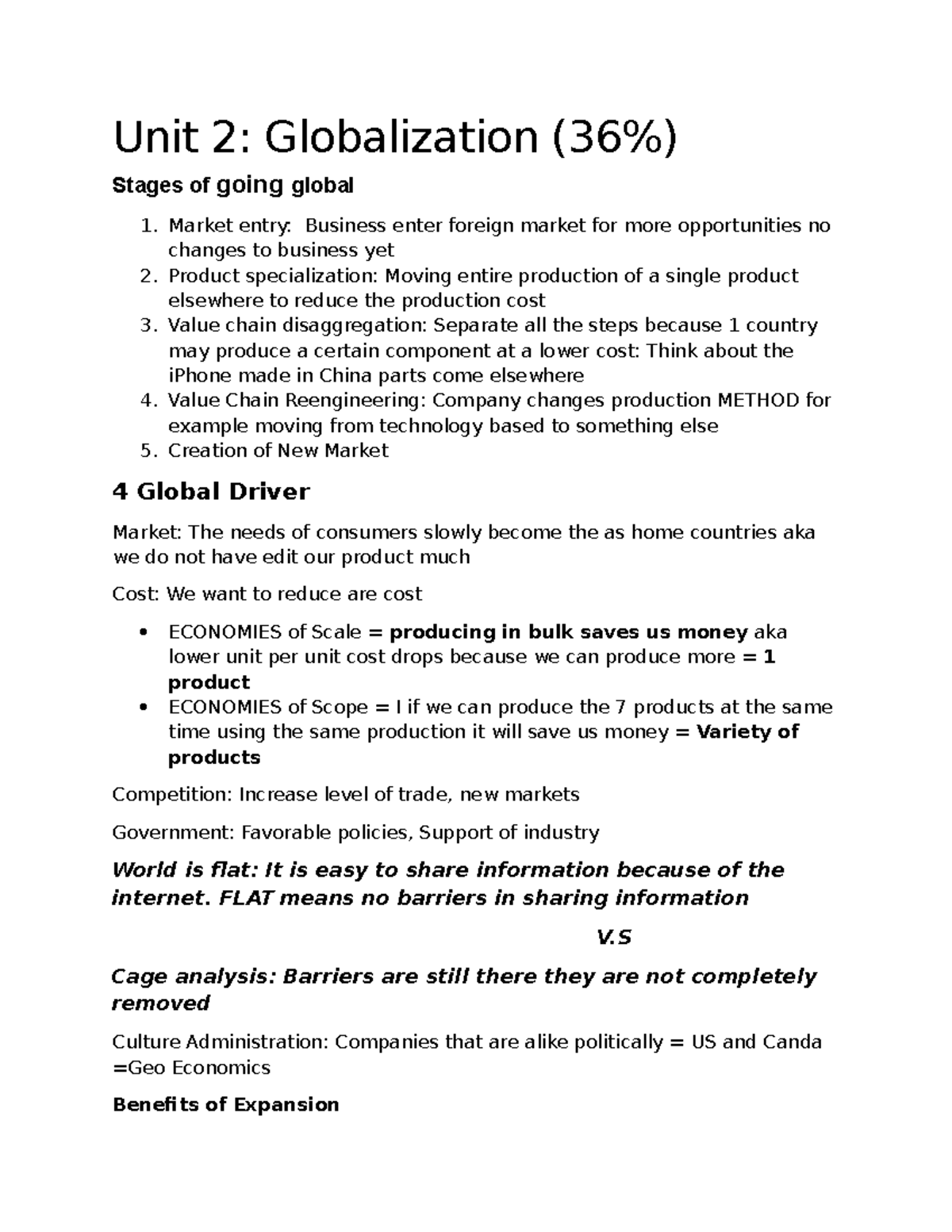 Unit 2 - notes - Unit 2: Globalization (36%) Stages of going global 1 ...
