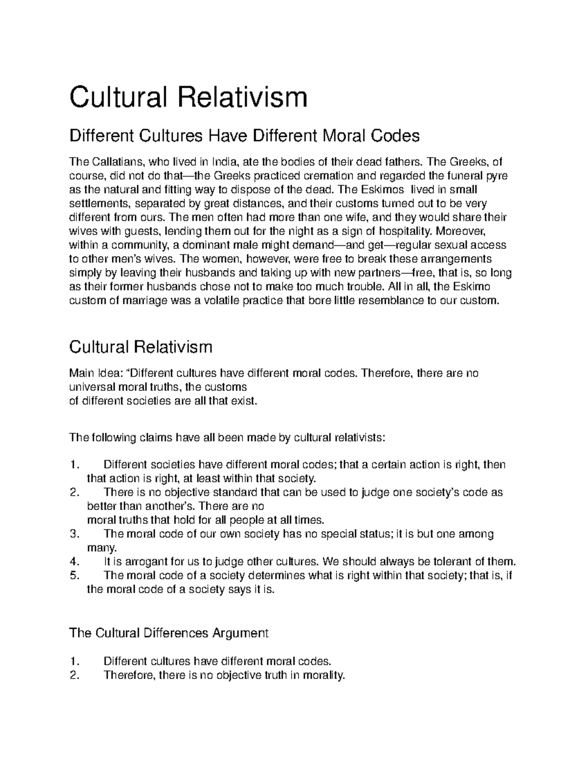 Cultural Relativism - Lecture notes 2 - Cul tural Rel ativism Different ...