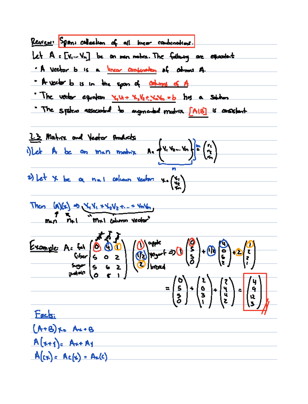 2.3 Matrix-Vector Product - Review Span collection of all linear combinations Let A Tv Yn be an ...