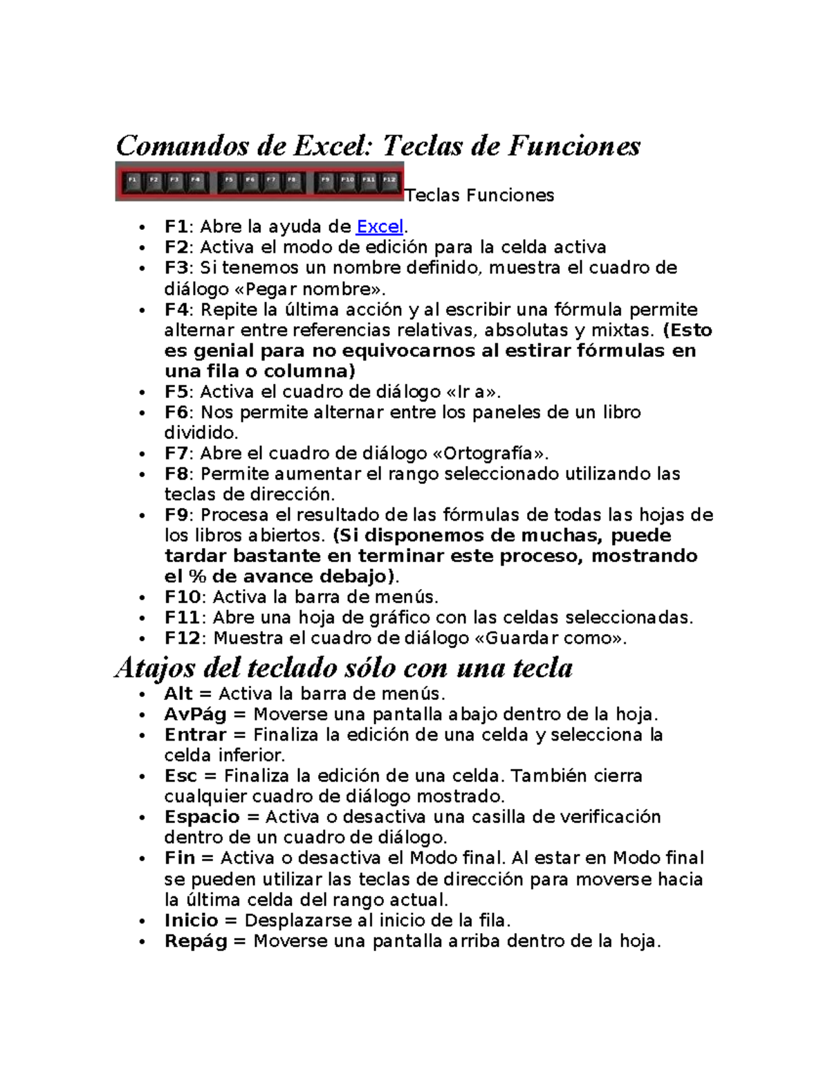 Comandos de Excel - F2: Activa el modo de edición para la celda activa ...