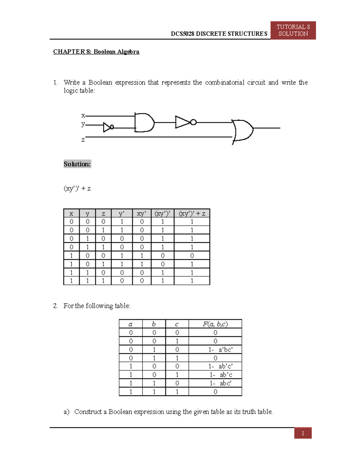 Tutorial 8 Sol Question And Solution Dcs5028 Discrete Structures