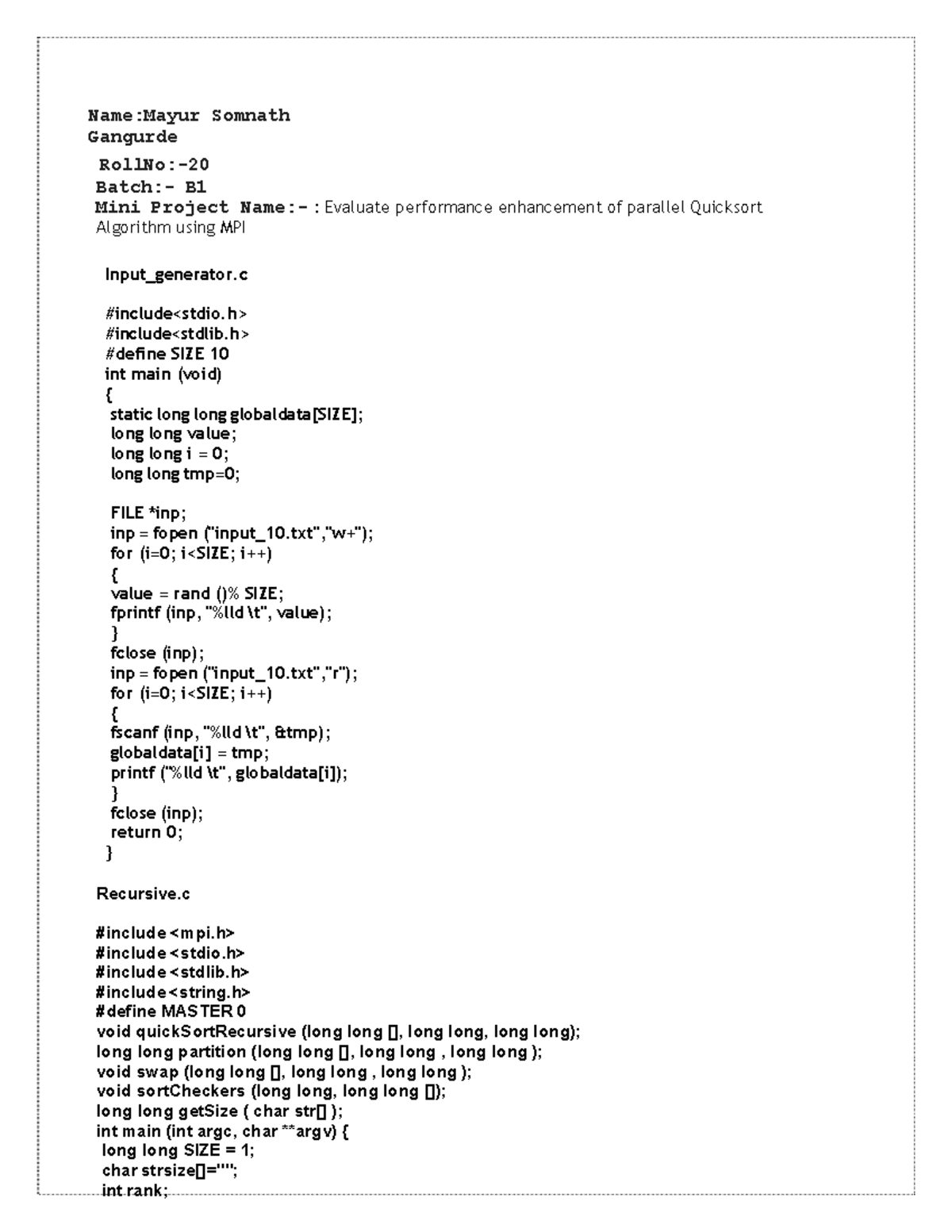 Hpc min m - Name:Mayur Somnath Gangurde RollNo:- Batch:- B Mini Project Name:- : Evaluate - Studocu