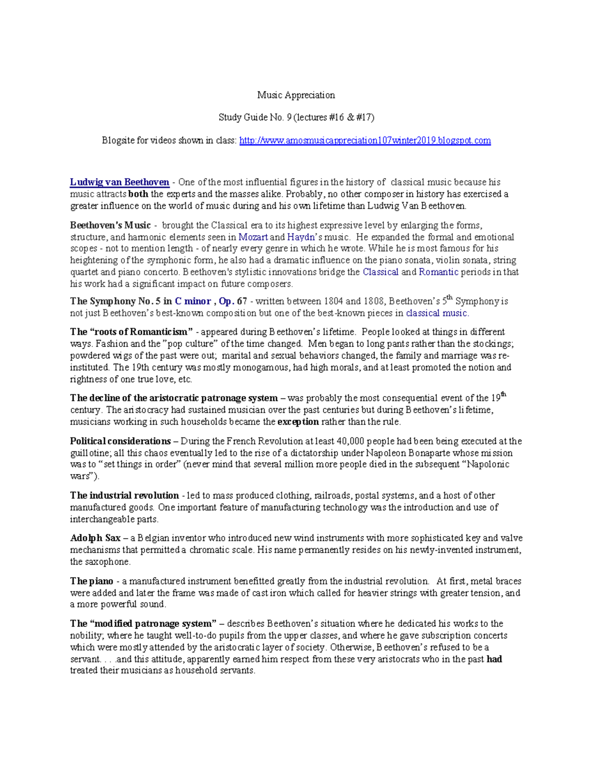 Study Guide No. 9 (Lectures 16 & 17) - Music Appreciation Study Guide ...