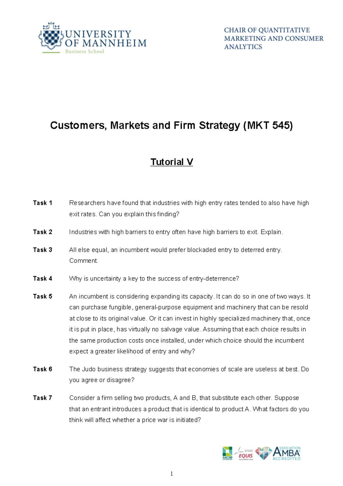 MMM Customers Markets Firm Strategy Tutorial 5 Tasks - 1 Customers ...