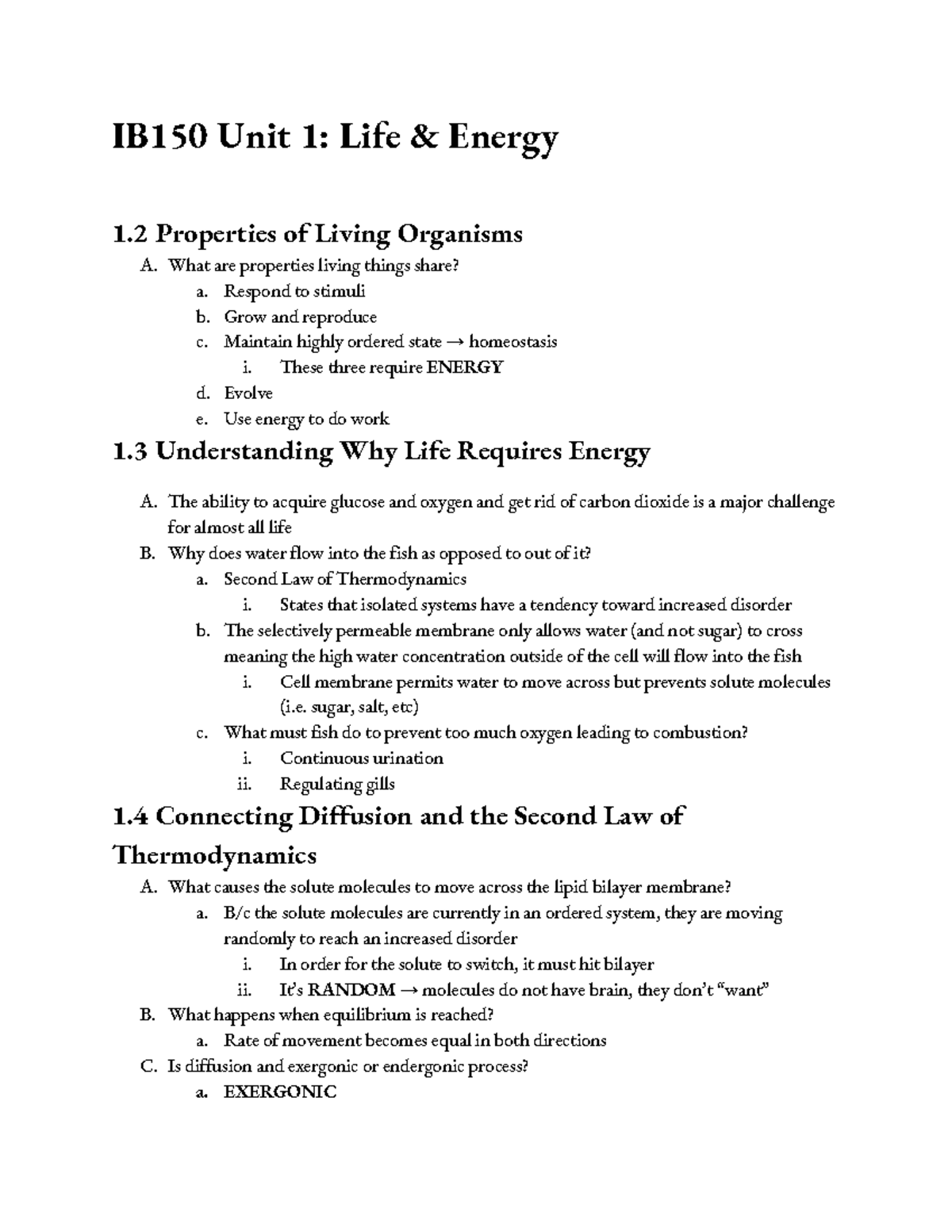 Unit 1 Lecture Notes Outline - IB150 Unit 1: Life & Energy 1 Properties ...