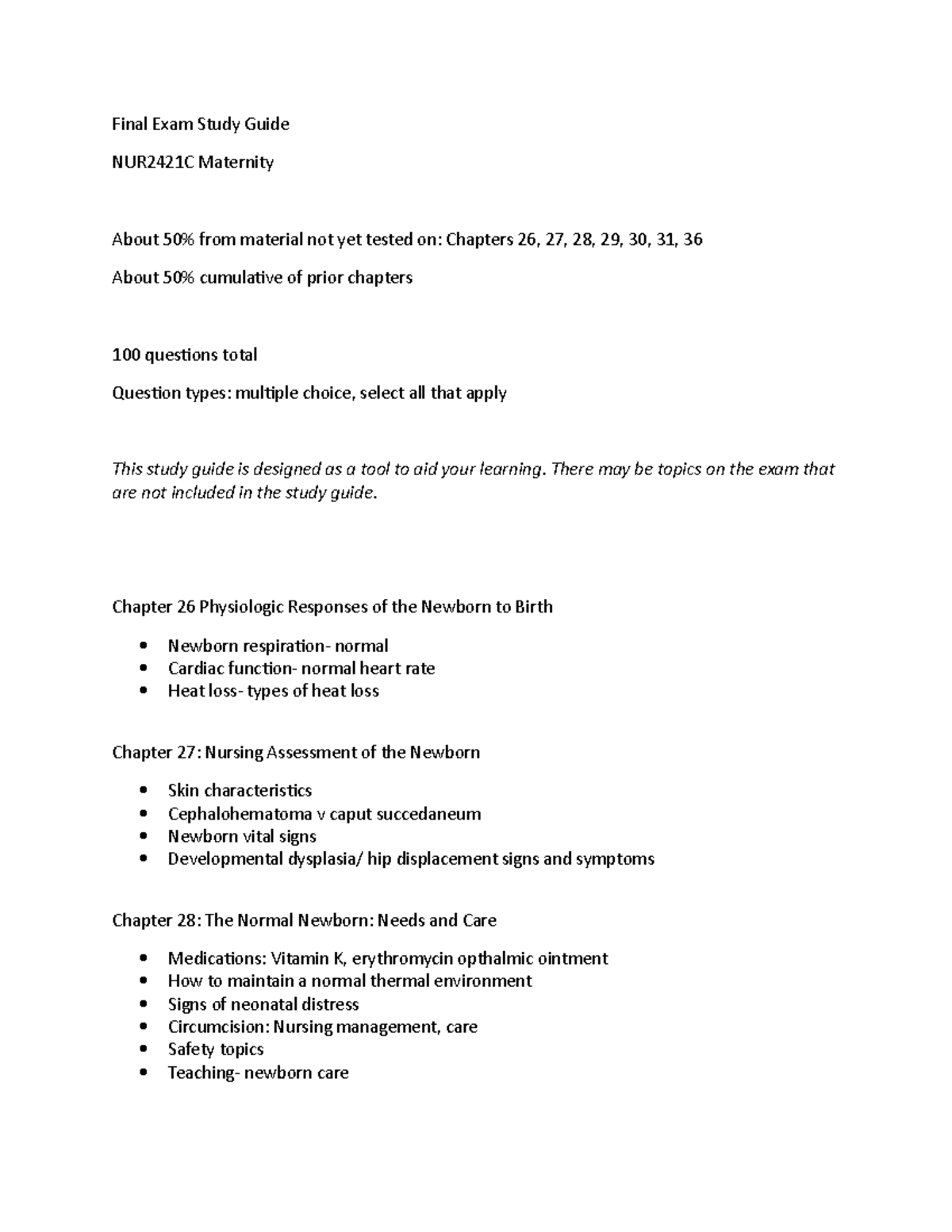 Final Exam Study Guide NUR2421 - Final Exam Study Guide NUR2421C ...
