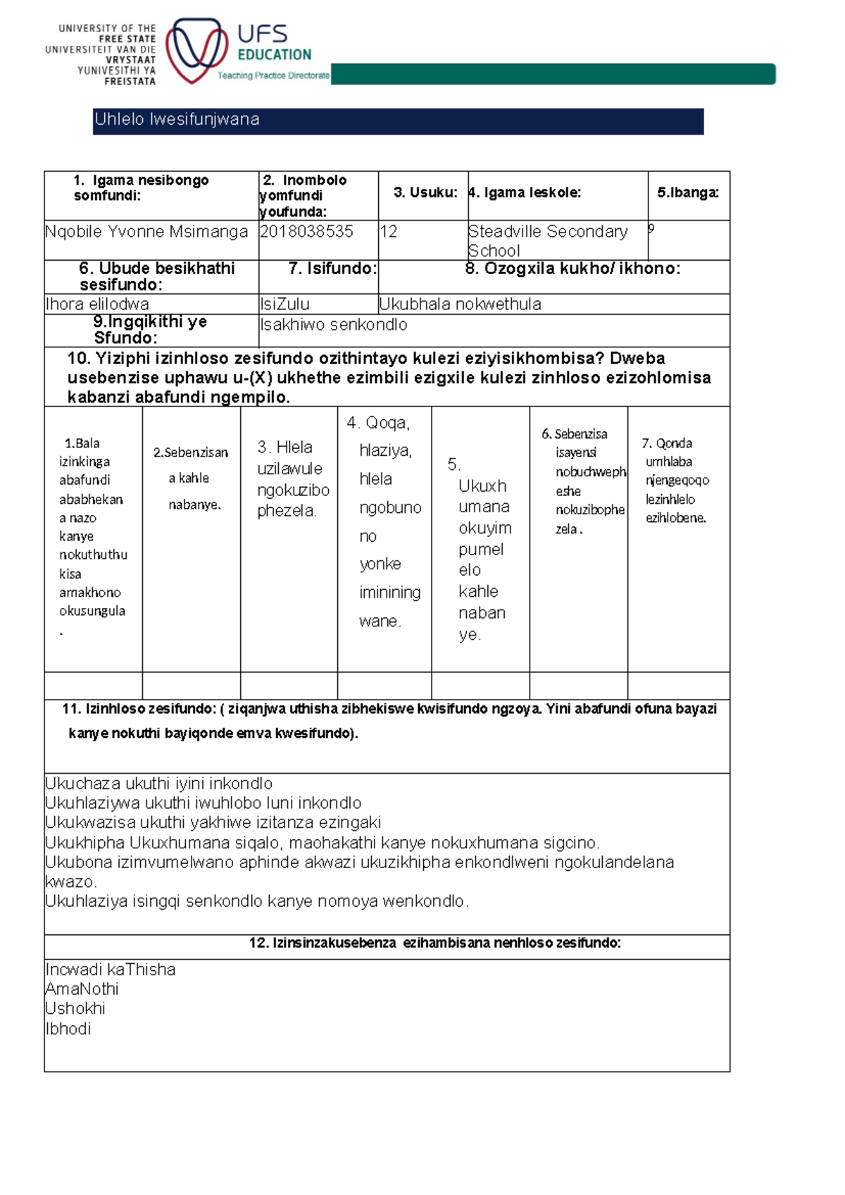 Lesson yesizulu PS Inkondlo - Uhlelo lwesifunjwana 1. Igama nesibongo ...