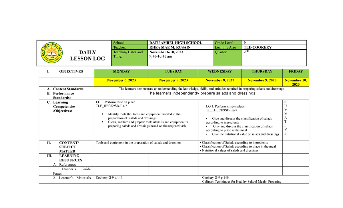 WEEK 1 - computer system servicing - I. OBJECTIVES MONDAY TUESDAY ...