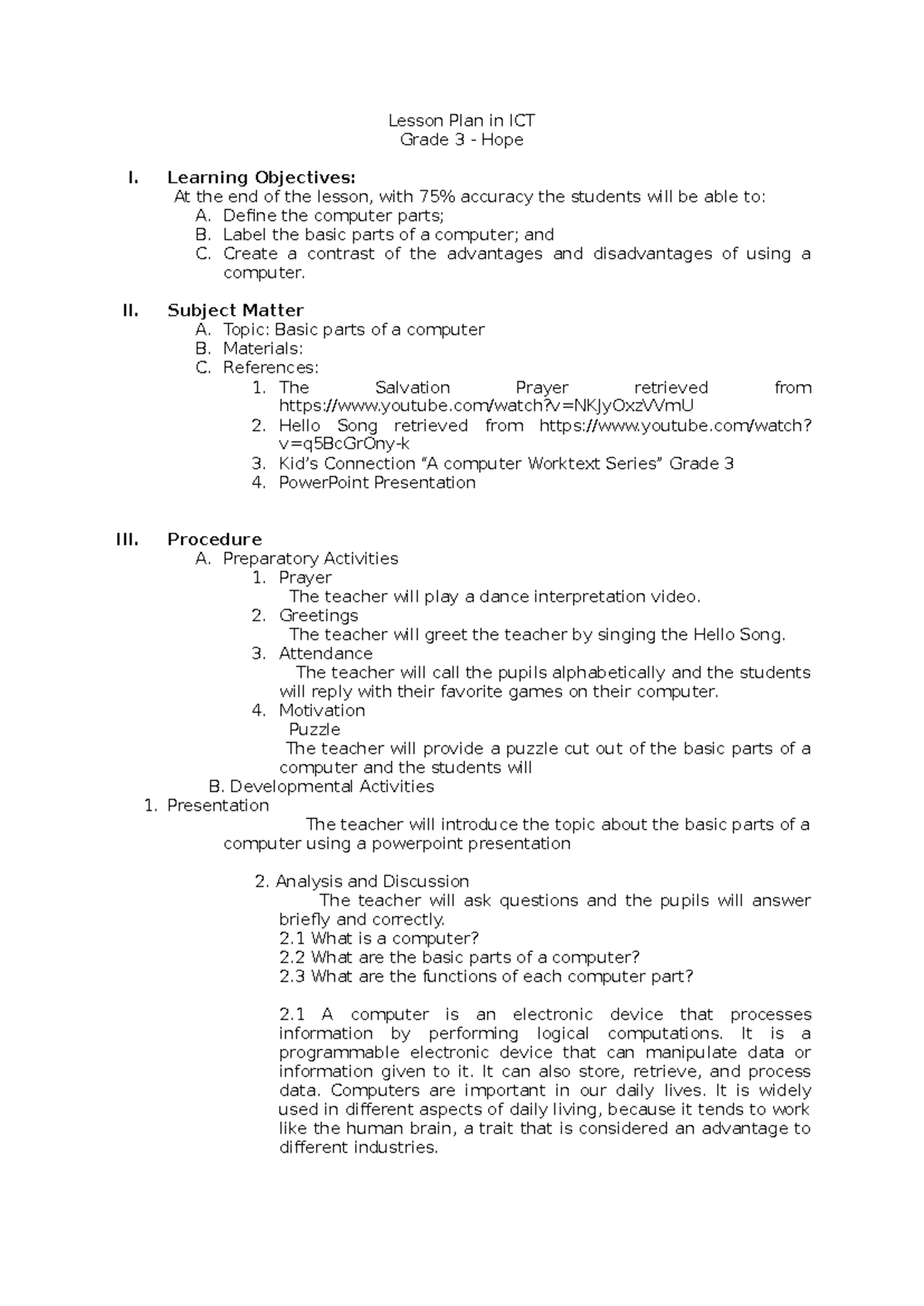 Lesson Plan Grade 3 ICT 1 1 - Lesson Plan in ICT Grade 3 - Hope I ...