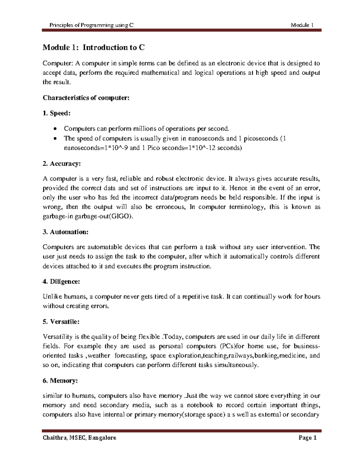 POP- Module 1 - pop - Module 1: Introduction to C Computer: A computer ...