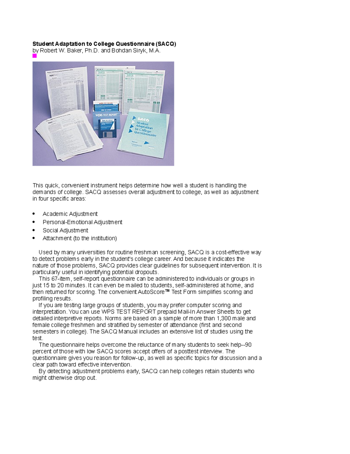 Student Adaptation to College Questionnaire - Baker, Ph. and Bohdan ...