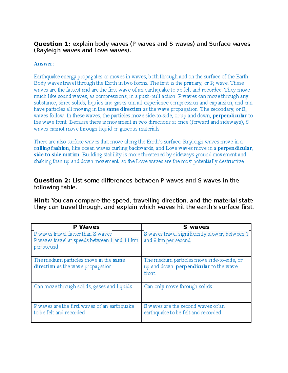 Answers Natural Disaster Questions - Question 1: explain body waves (P ...