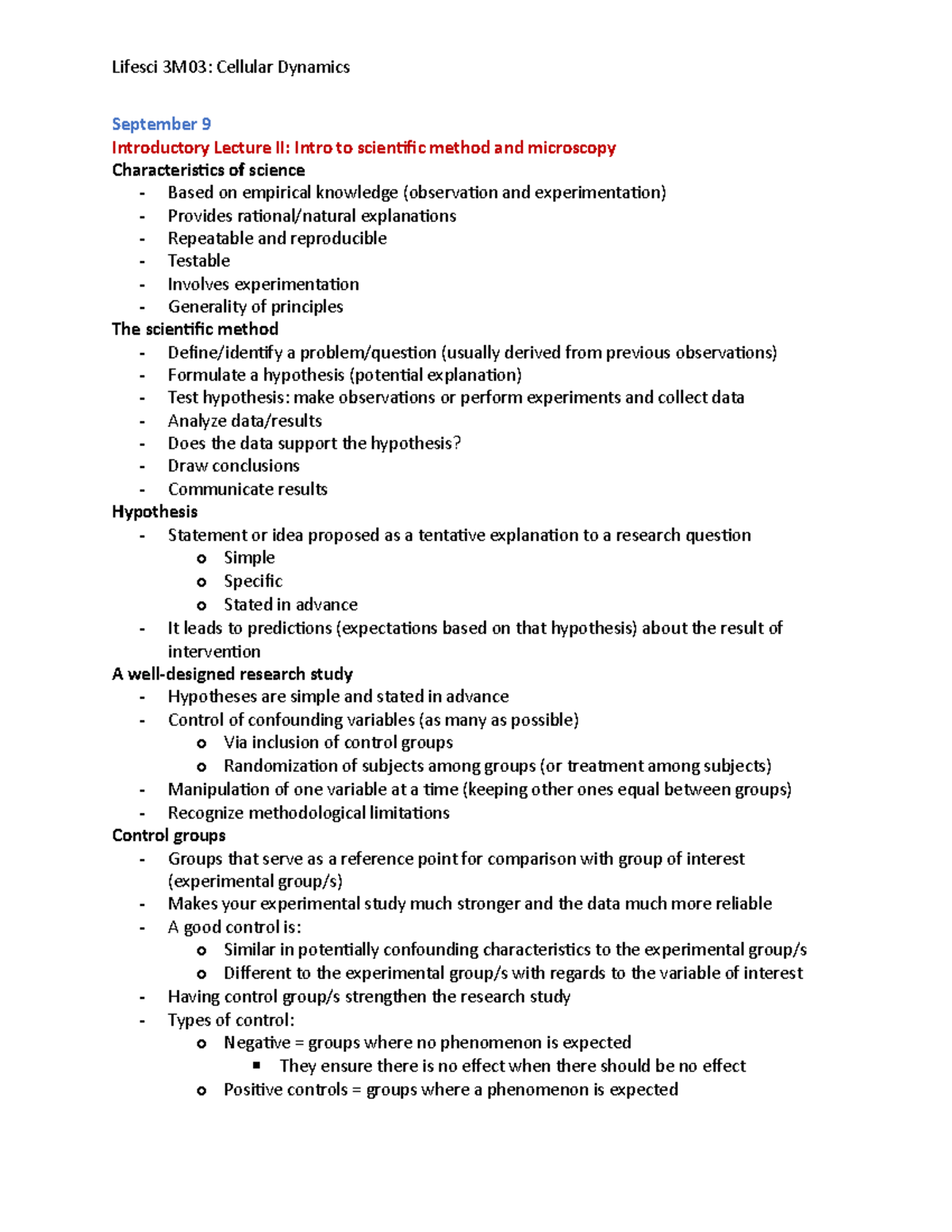 Lifesci 3M03 Notes - September 9 Introductory Lecture II: Intro to ...