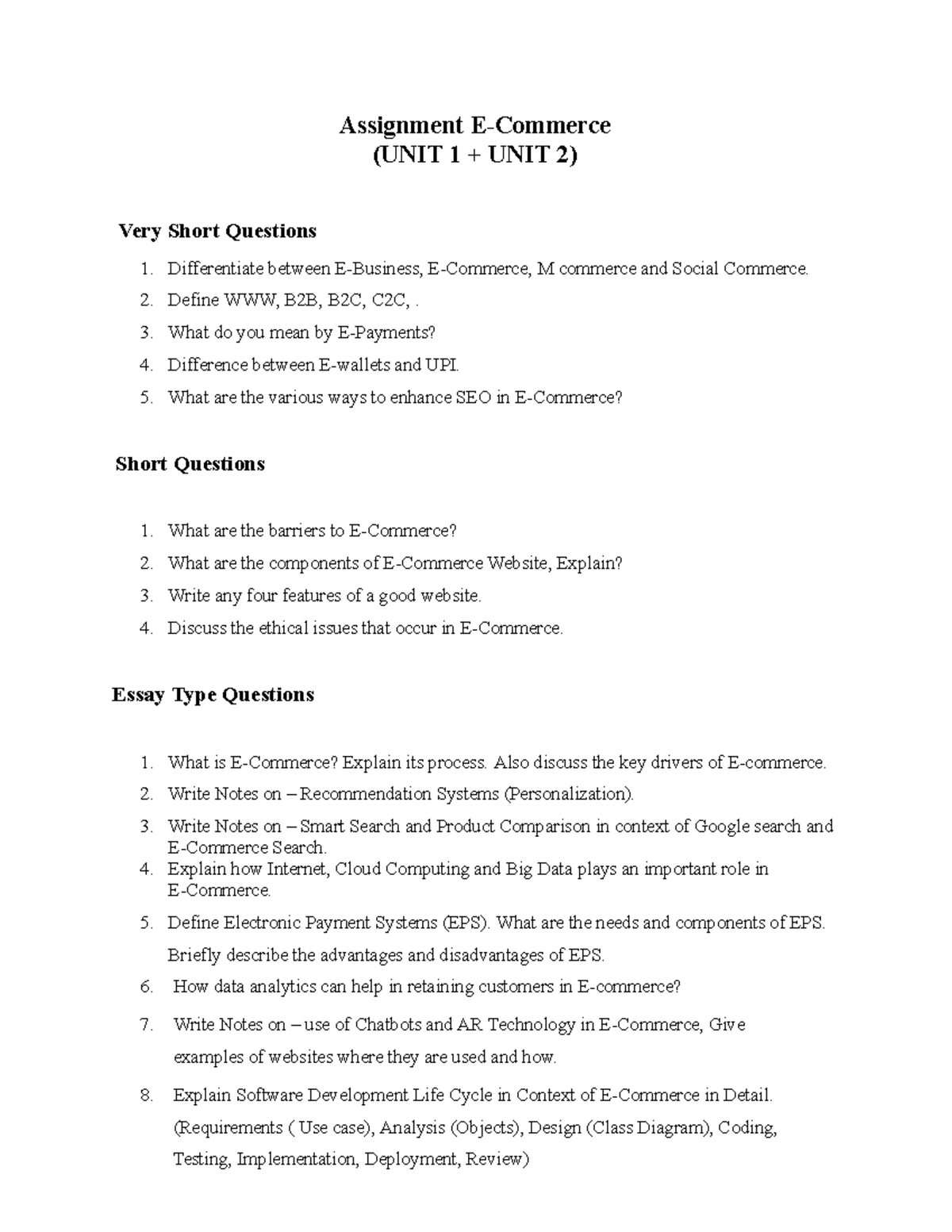 E-Commerce - this is e commerce assignment - Assignment E-Commerce (UNIT 1 + UNIT 2) Very Short ...