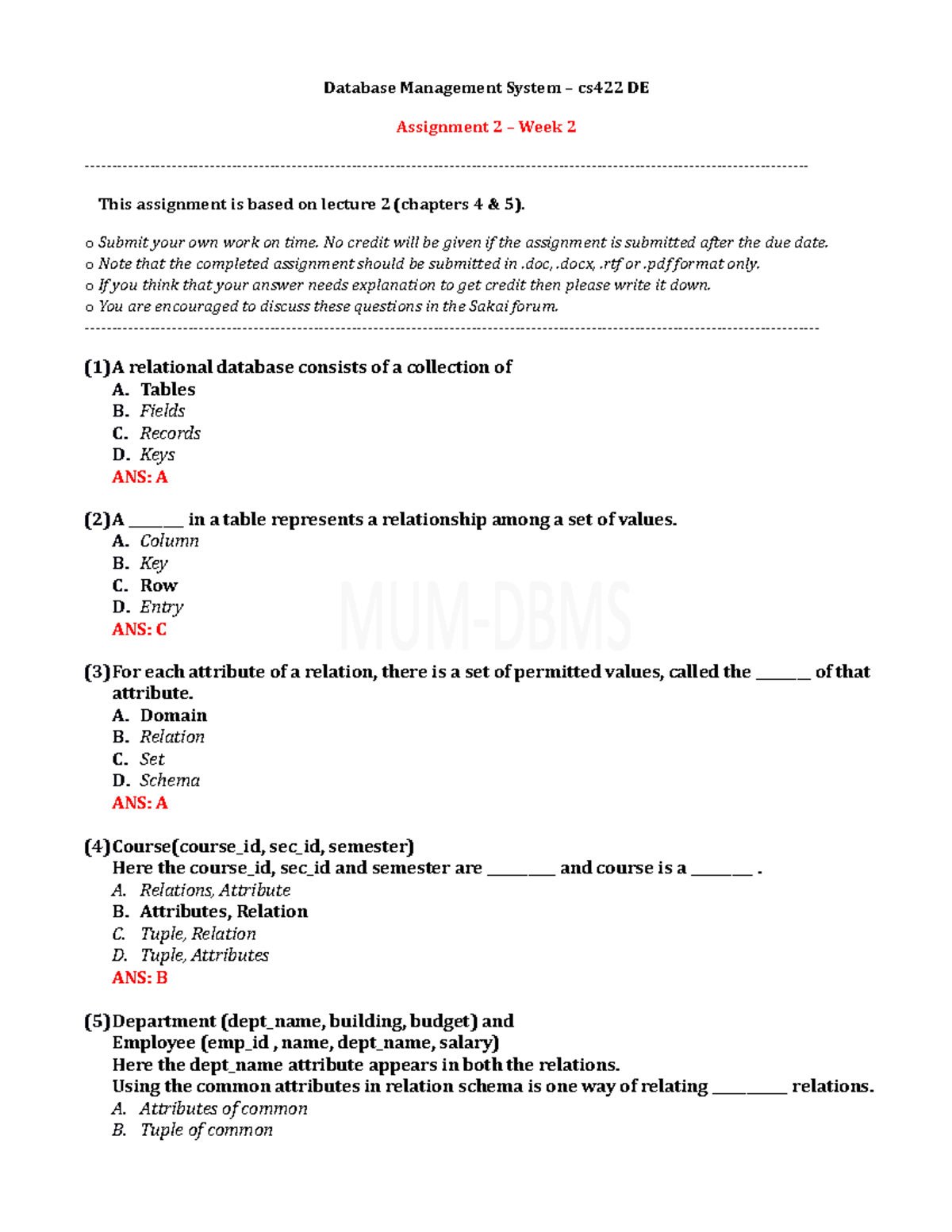 Assignment 2 - Wk 2 - ASSIGNMT - Database Management System – cs422 DE Assignment 2 – Week 2 ...